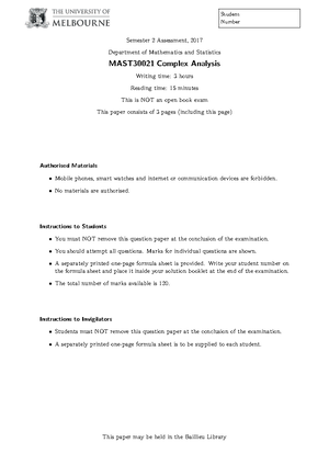 MAST30021 5231253 - 2019 exam paper for Complex analysis, formula sheet ...
