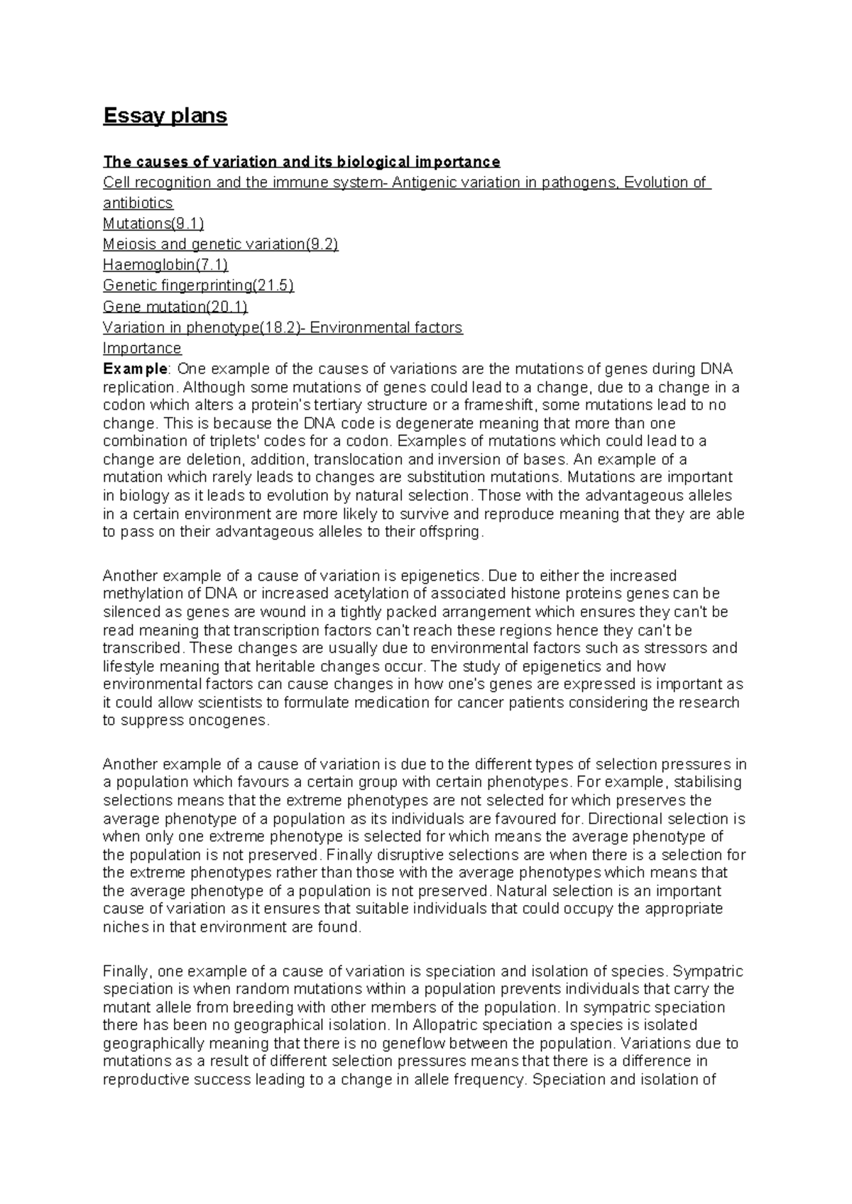 Essay plans alevel biology papaer 3 - Essay plans The causes of ...