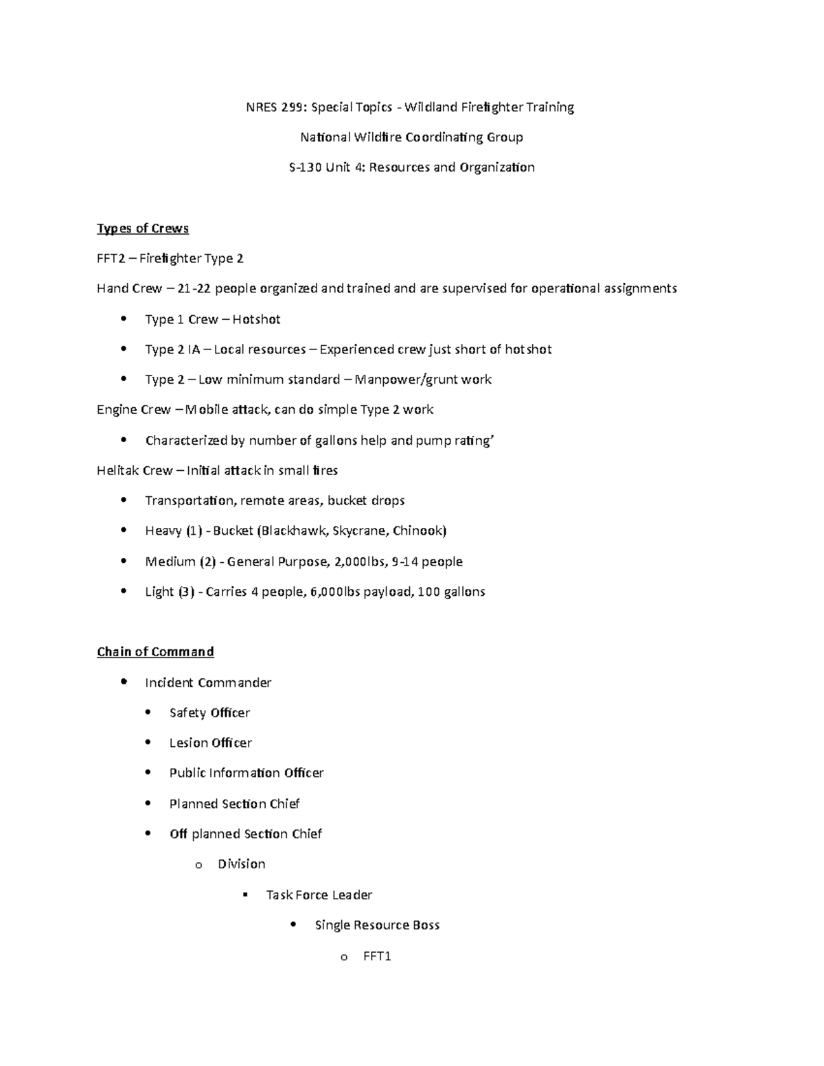 Wildland Firefighter Training S-130 Unit 4 - Resources and Organization ...