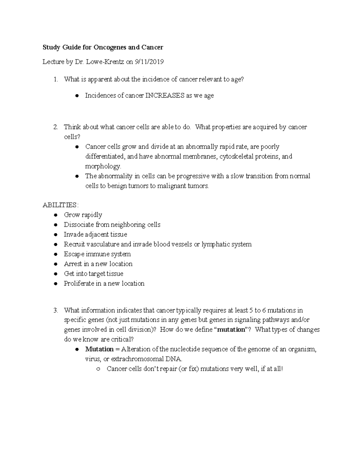 Oncogenes and Cancer - Study Guide for Oncogenes and Cancer Lecture by ...