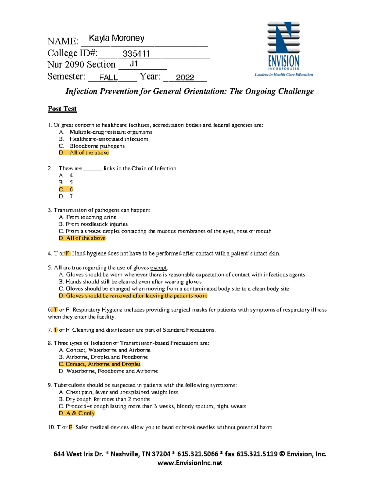 Infection Prevention General Orientation Post Test - 644 West Iris Dr ...