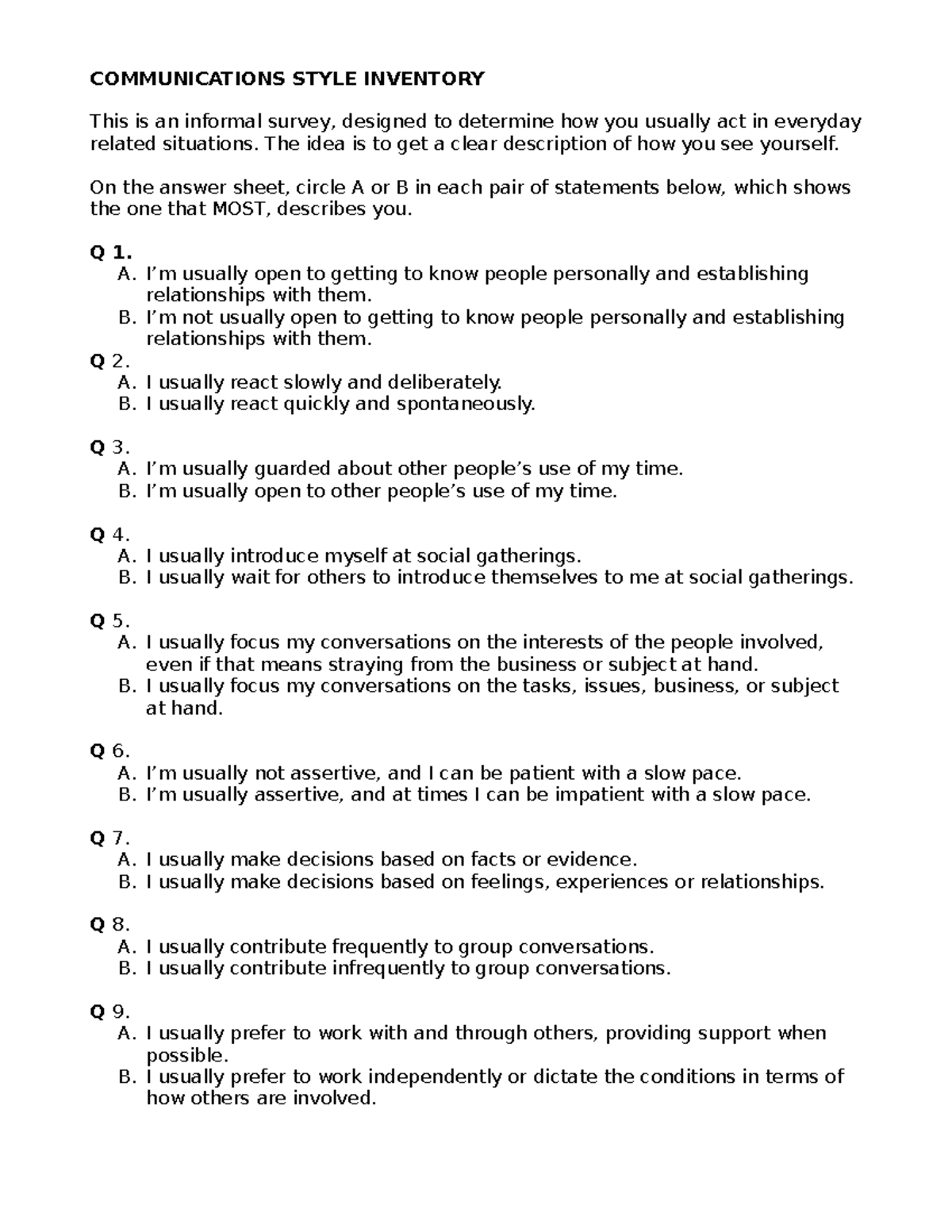 Communications Style Inventory - COMMUNICATIONS STYLE INVENTORY This is ...