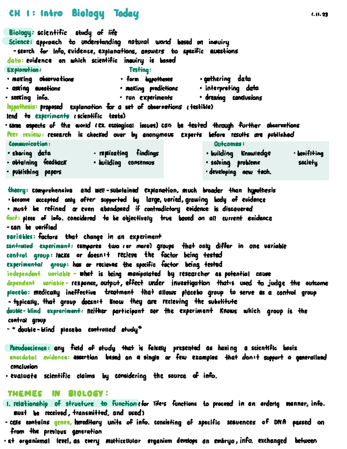 Biology - Notes from chapter readings - CH 1:Intro Biology Today 1. 11 ...