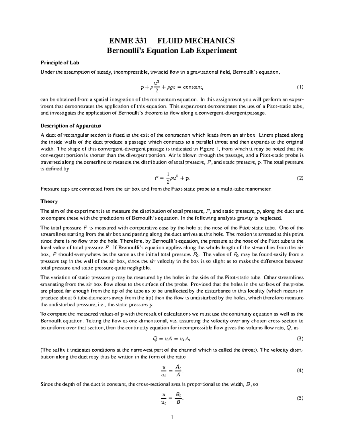 Lab 02 Bernoulli - Lab 2 - ENME 331 FLUID MECHANICS Bernoulli’s Equation Lab Experiment ...