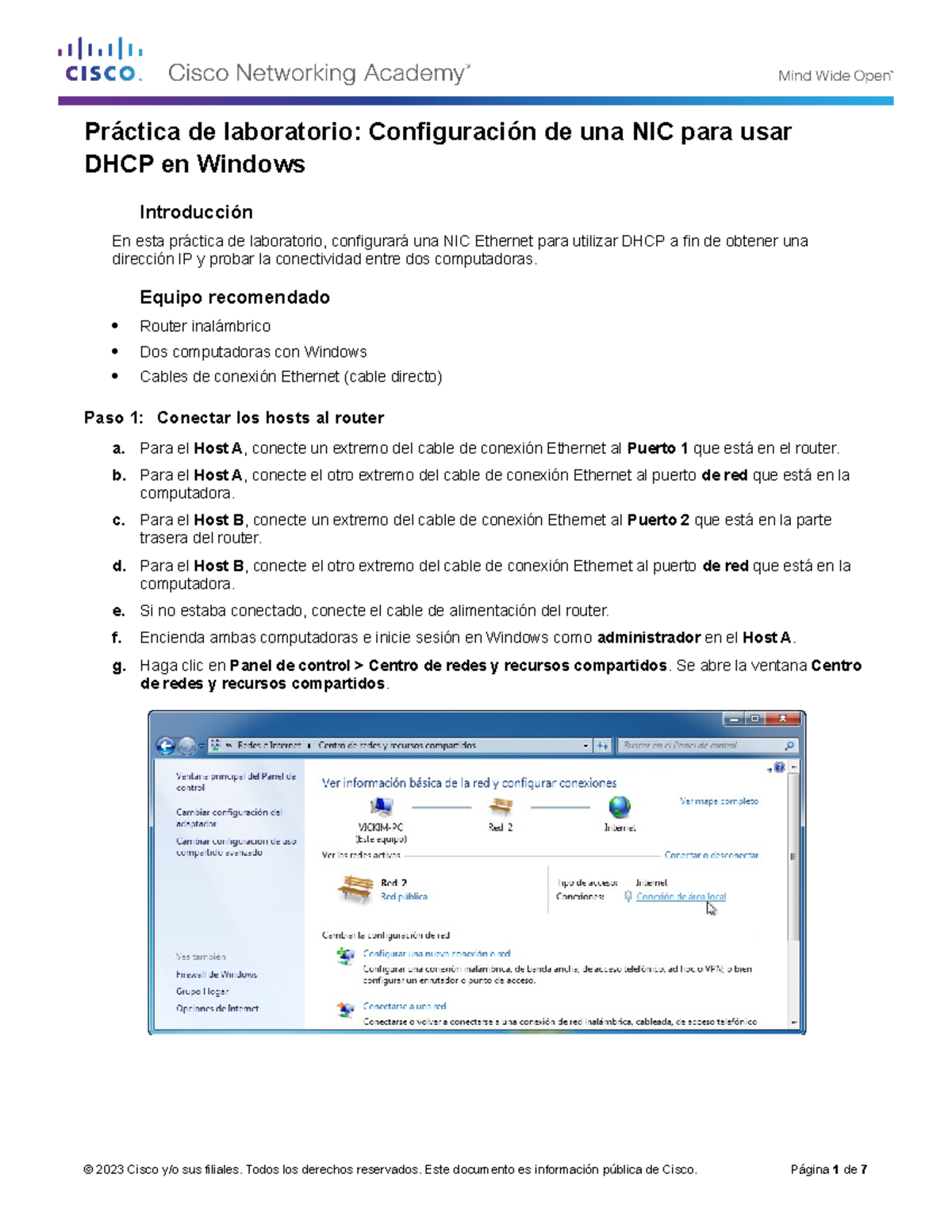 Practica 12.2 - Configurar NIC para usar DHCP en Windows - Práctica de laboratorio ...