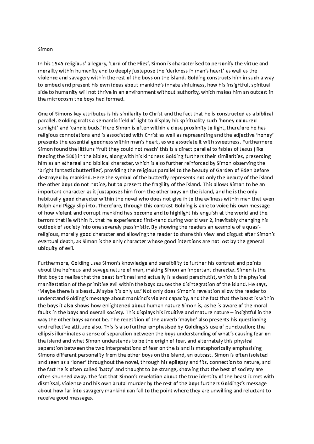 Simon essay - Simon In his 1945 religious’ allegory, ‘Lord of the Flies ...