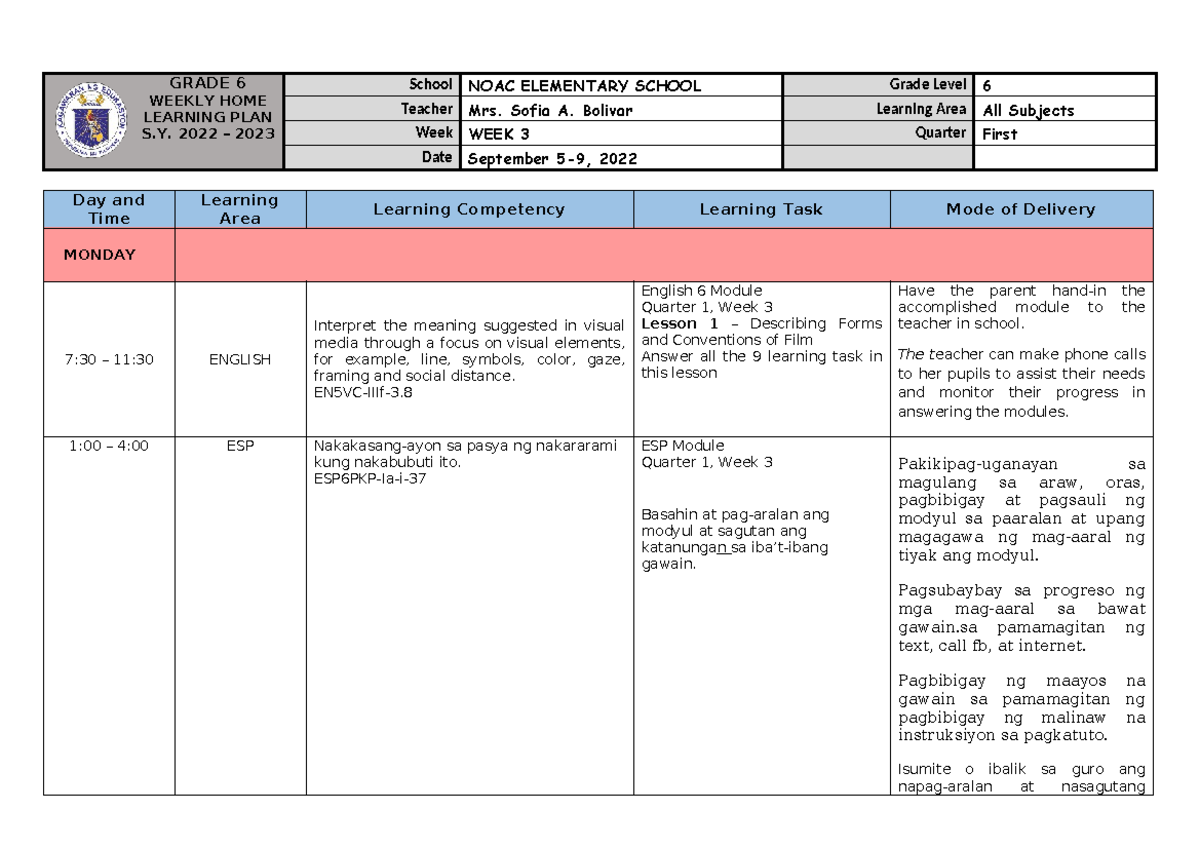 Week 3 Sofie - GRADE 6 WEEKLY HOME LEARNING PLAN S. 2022 – 2023 School NOAC ELEMENTARY SCHOOL ...