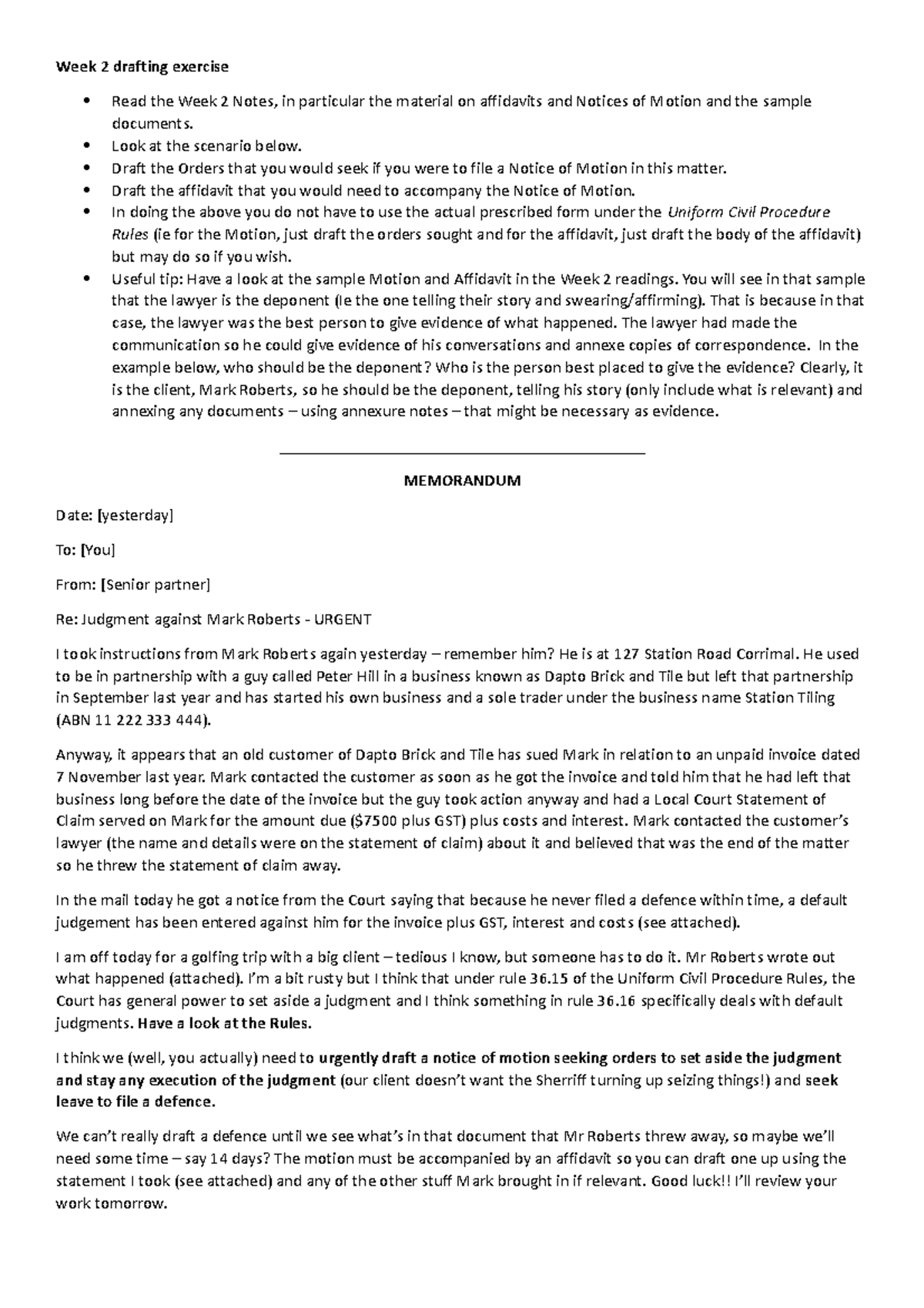 Week 2 pre-class Drafting Exercise LLB 2225 - Week 2 drafting exercise ...