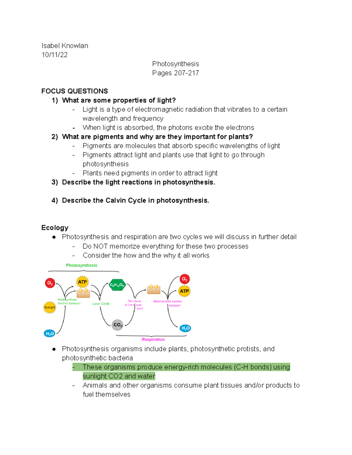 General Biology 1 Notes - Isabel Knowlan 10/11/ Photosynthesis Pages ...