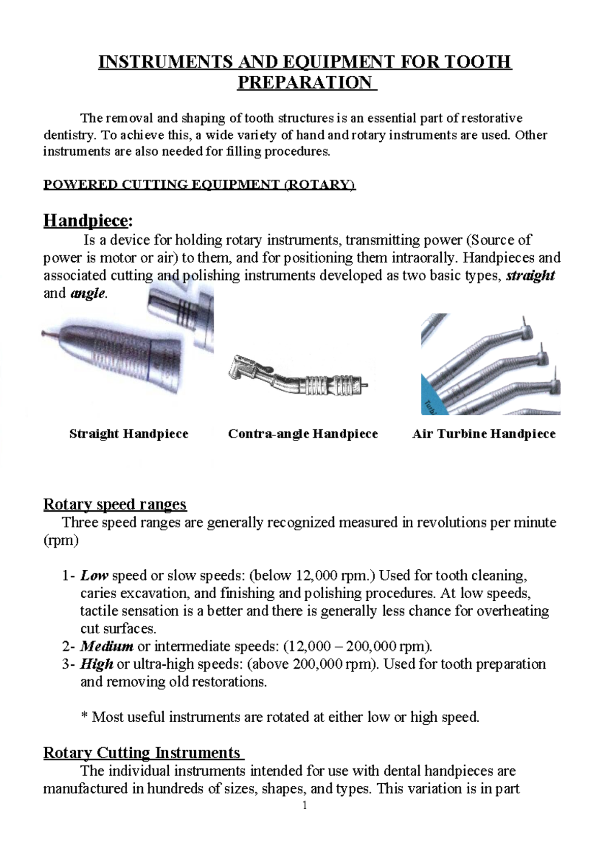 Instruments and equipment for tooth preparation - INSTRUMENTS AND ...