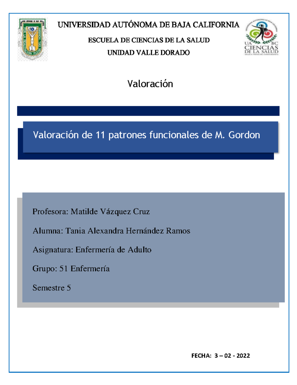 11 patrones funcionales de m. gordon - Valoración FECHA: 3 – 02 - 2022 Valoración de 11 patrones ...