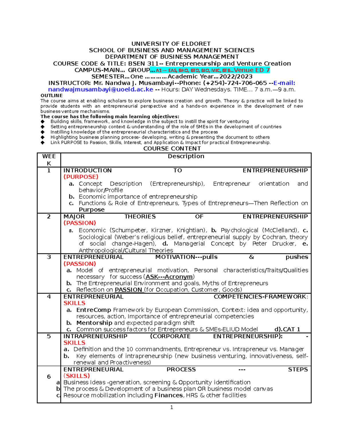 A1 BSEN 311 Course Outline - UNIVERSITY OF ELDORET SCHOOL OF BUSINESS ...