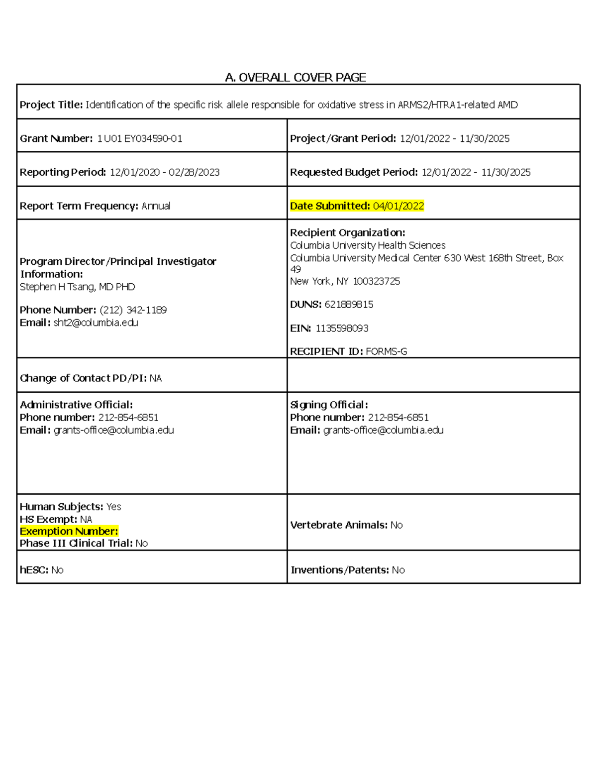 Cover Page - A. OVERALL COVER PAGE Project Title: Identification of the ...