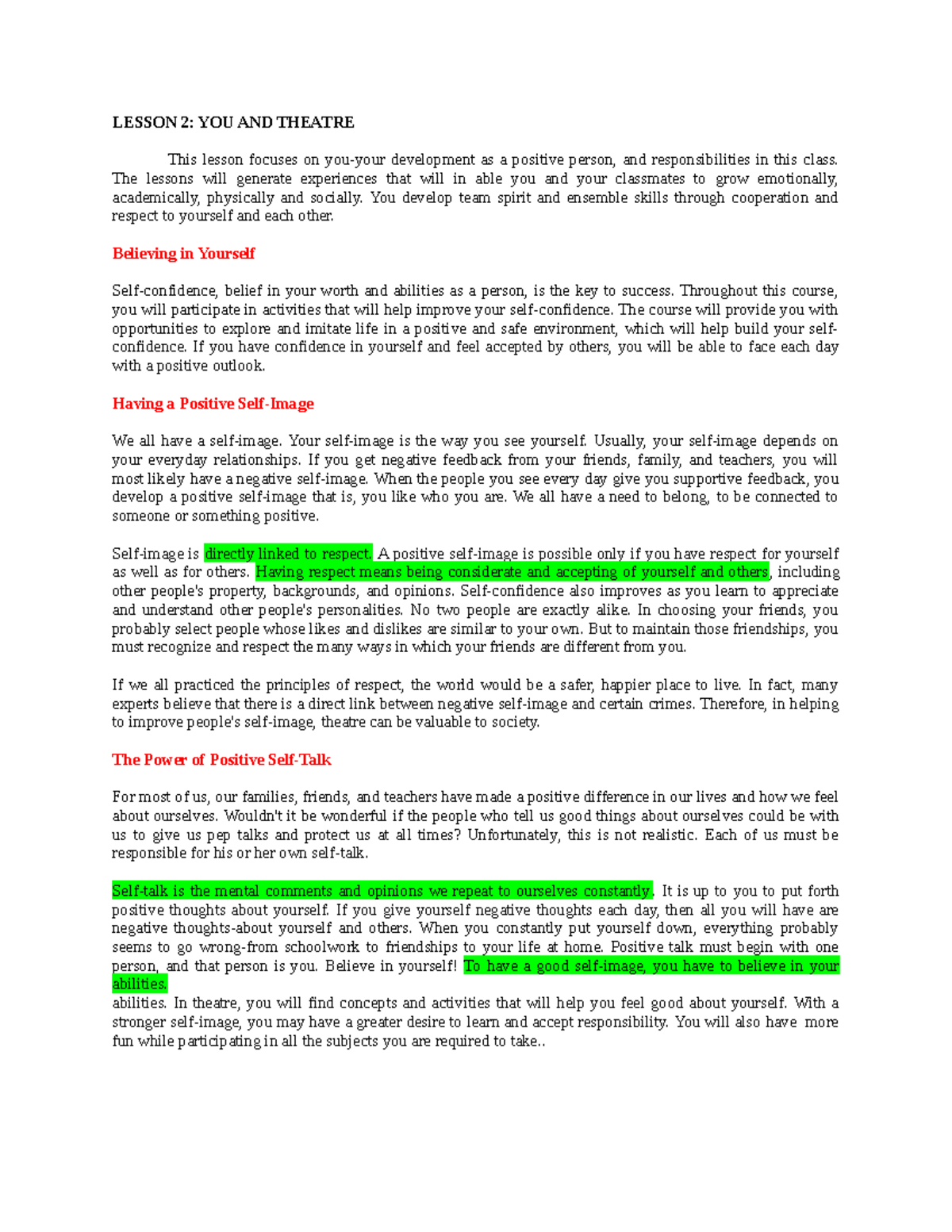 Believing-in-yourself - LESSON 2: YOU AND THEATRE This lesson focuses ...