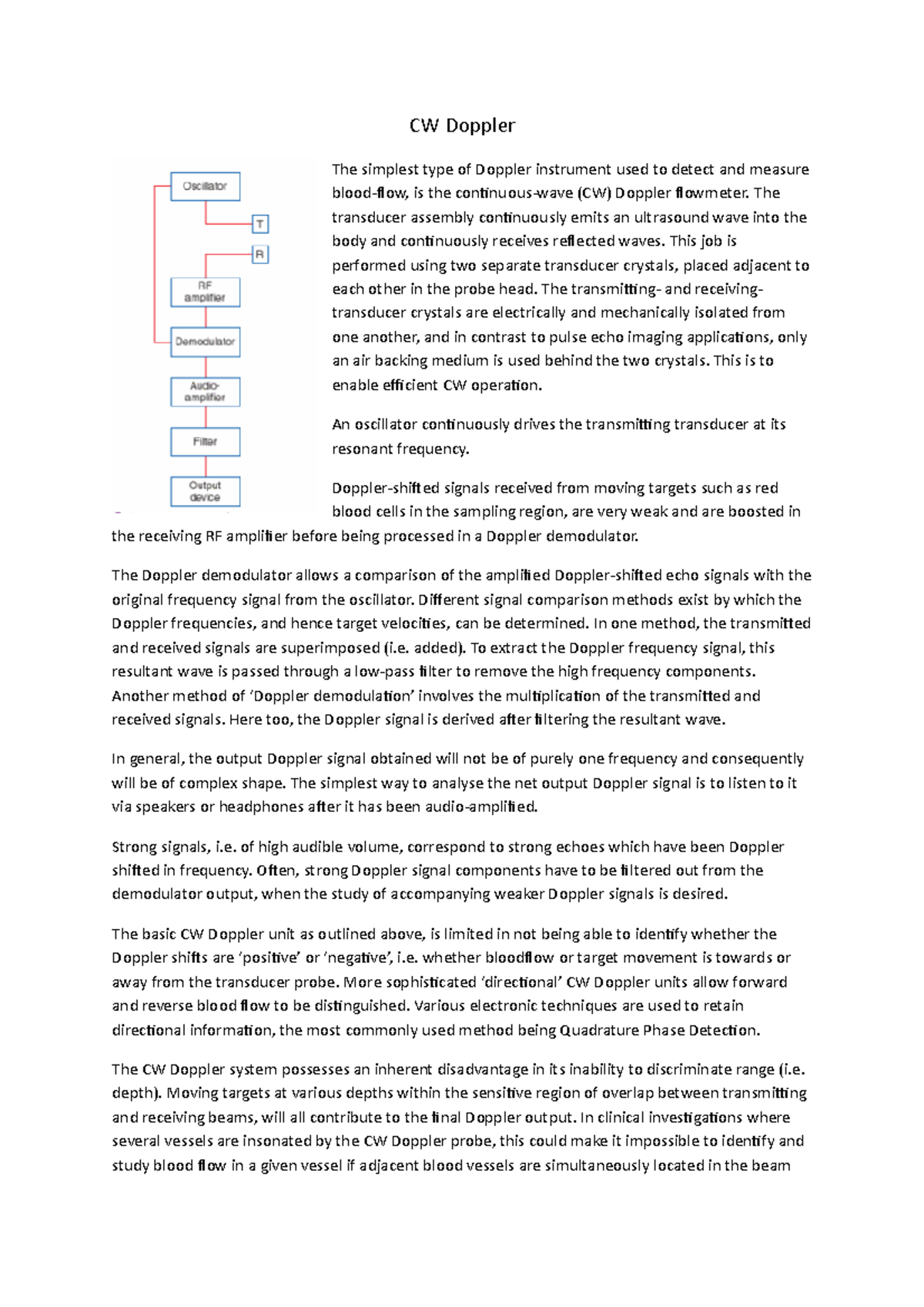Ultrasound exam notes - CW Doppler The simplest type of Doppler ...