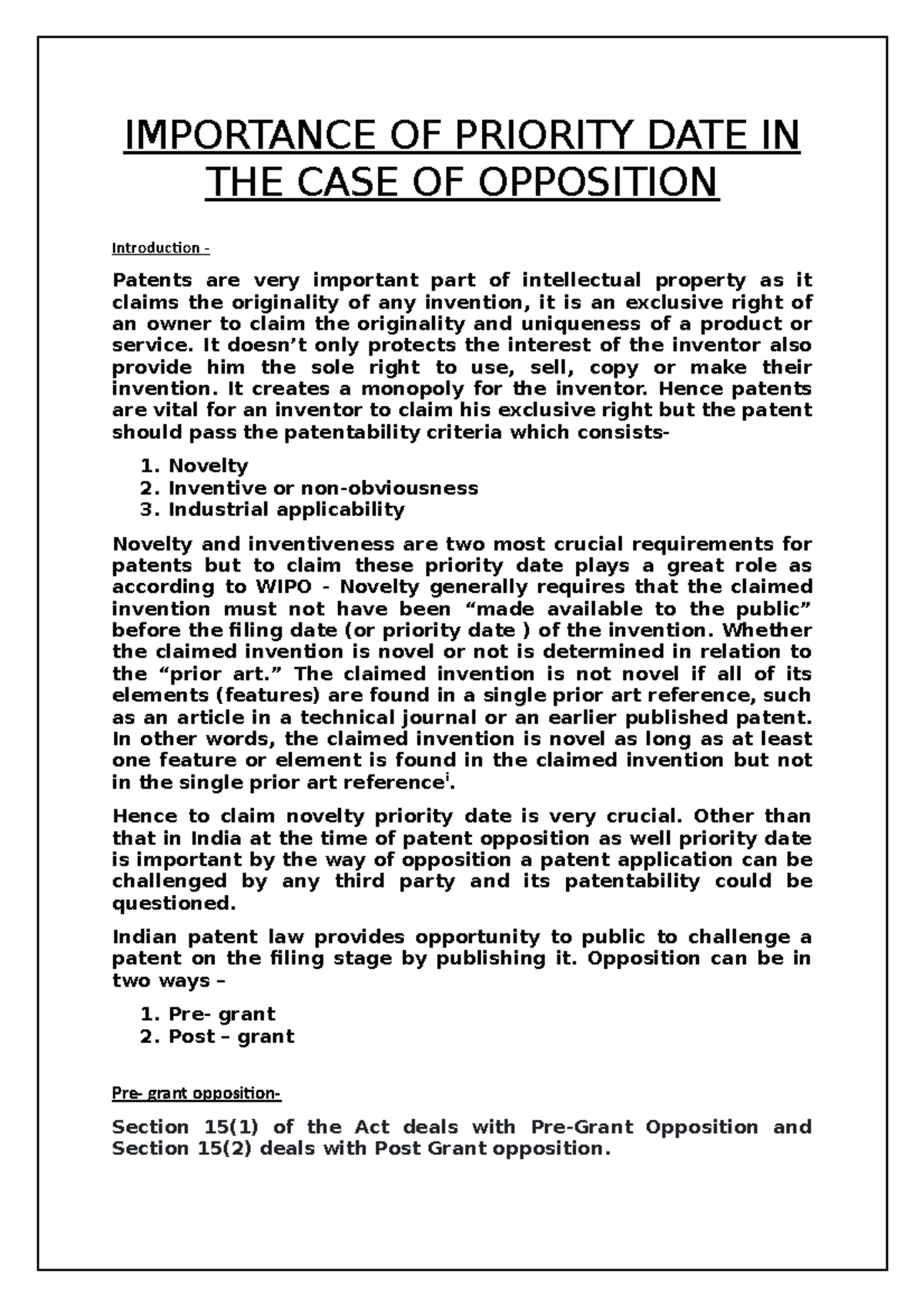 Importance OF Priority DATE IN THE CASE OF Opposition - IMPORTANCE OF ...