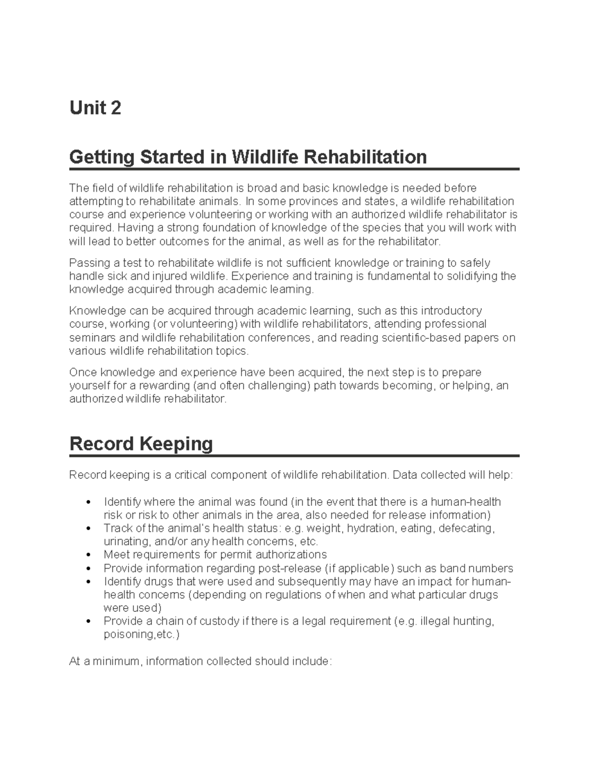 Unit 2 - Introduction to Wildlife Rehabilitation Online Lecture Notes ...