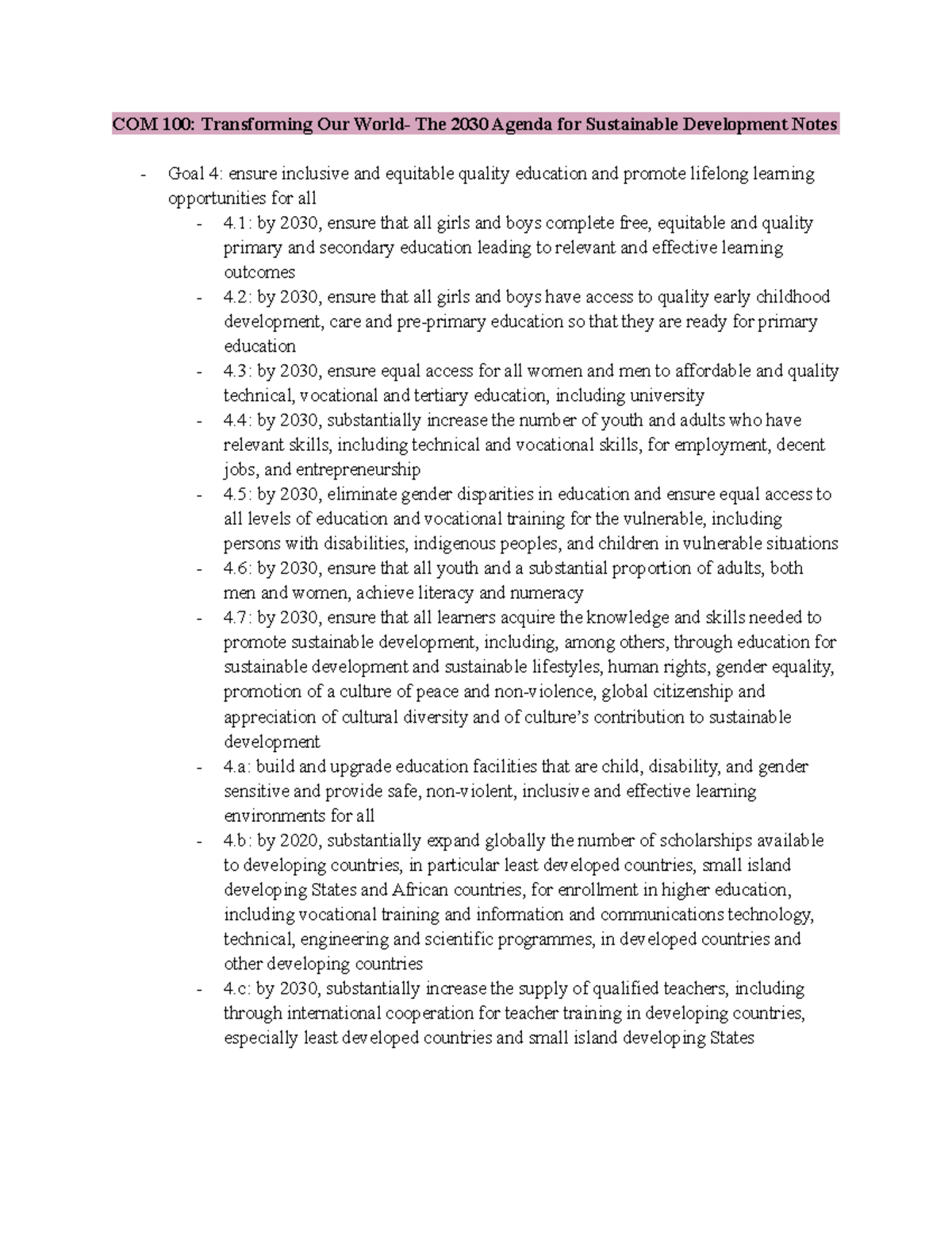 Transforming Our World- Declaration "Goal 4" Notes - COM 100 ...