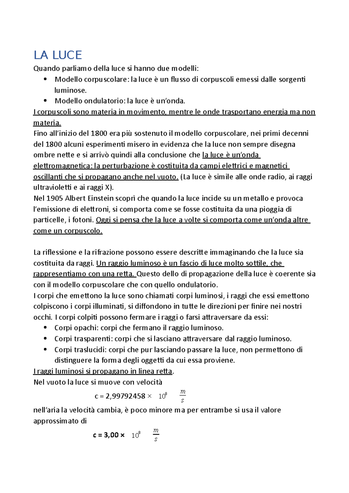 LA LUCE - Appunti ed integrazioni con il libro sull'argomento della ...