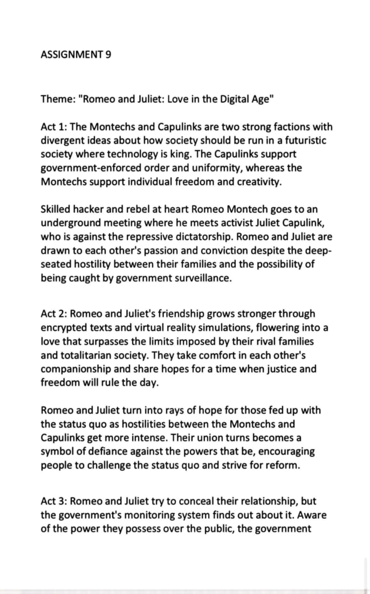 Play writing - ASSIGNMENT 9 Theme: "Romeo and Juliet: Love in the ...
