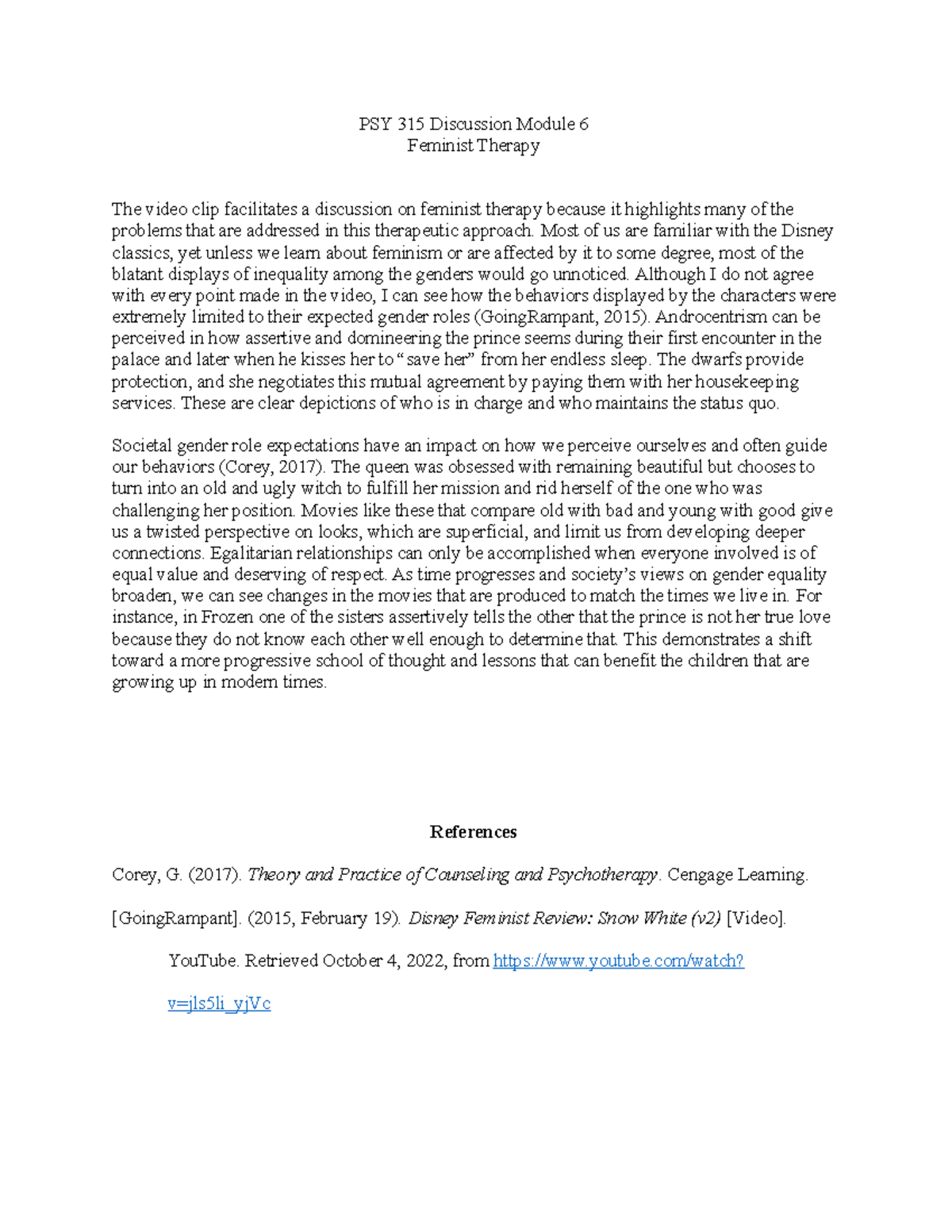 PSY 315 Discussion Module 6 Feminist Therapy - PSY 315 Discussion ...