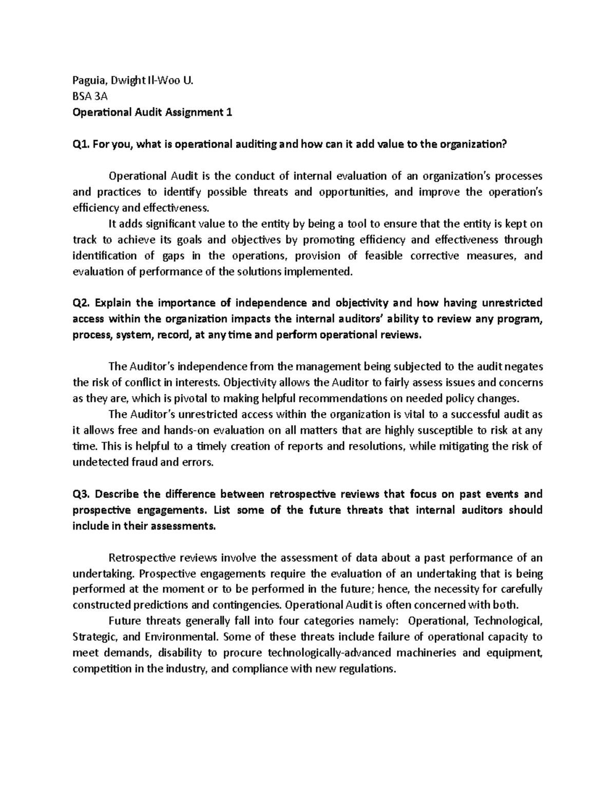 Operational Audit Assignment 1 - Paguia, Dwight Il-Woo U. BSA 3A ...