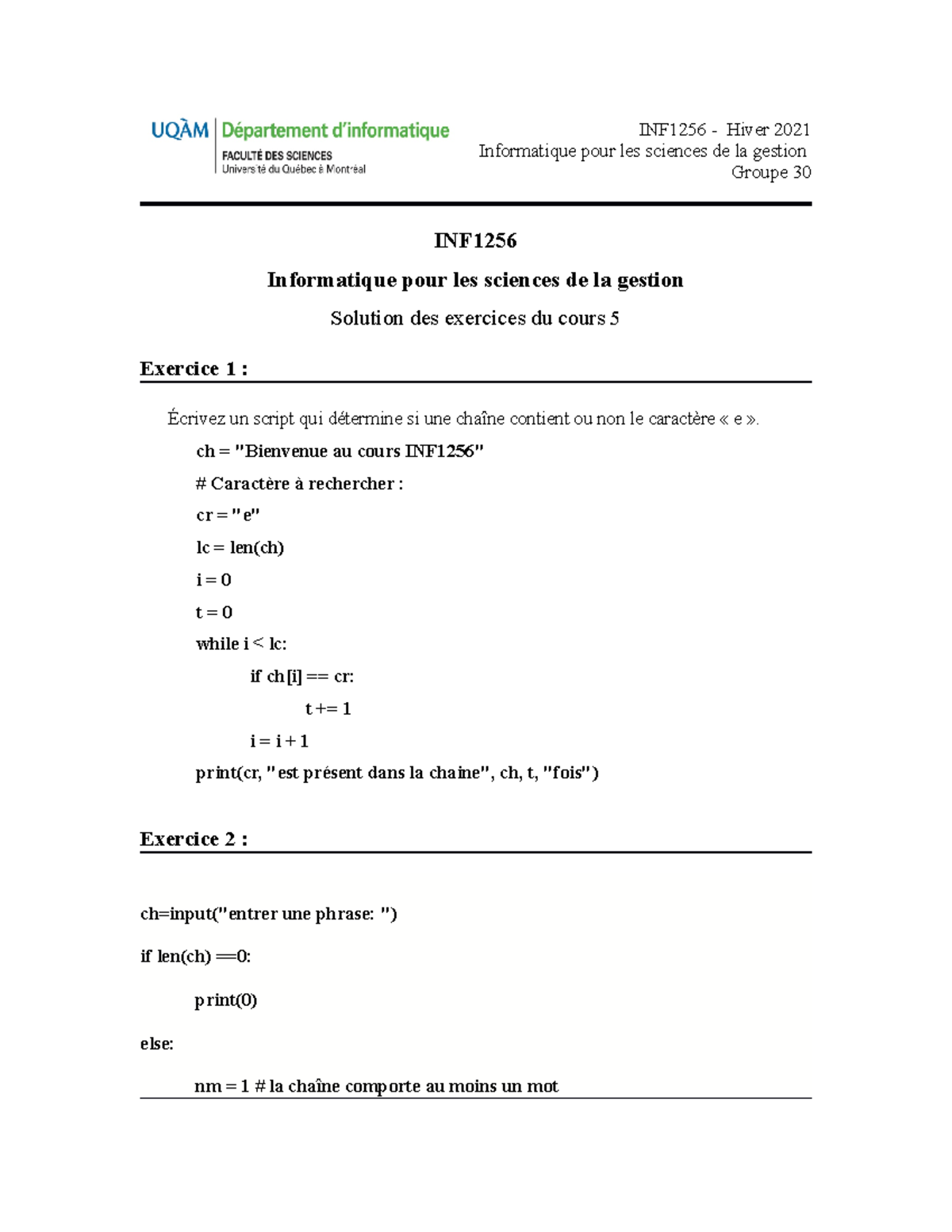 Solution Exercice Cours 5 - INF Informatique pour les sciences de la ...