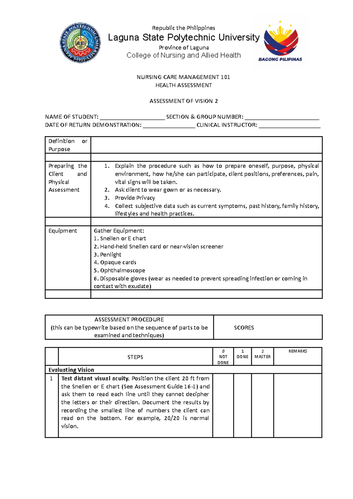 Vision Procedure WITH Equipment - Republic the Philippines Laguna State ...