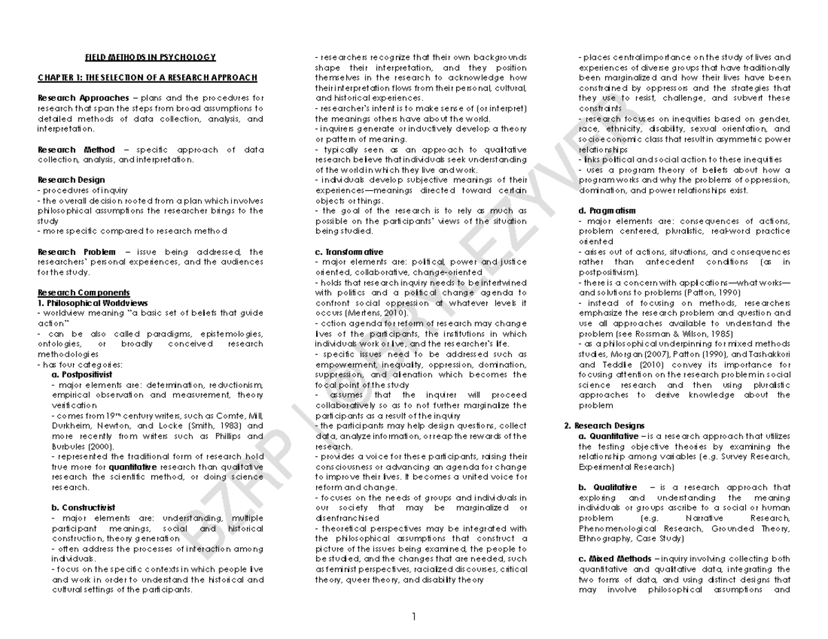 Fieldpsy Lecture Notes - General Psychology - Studocu