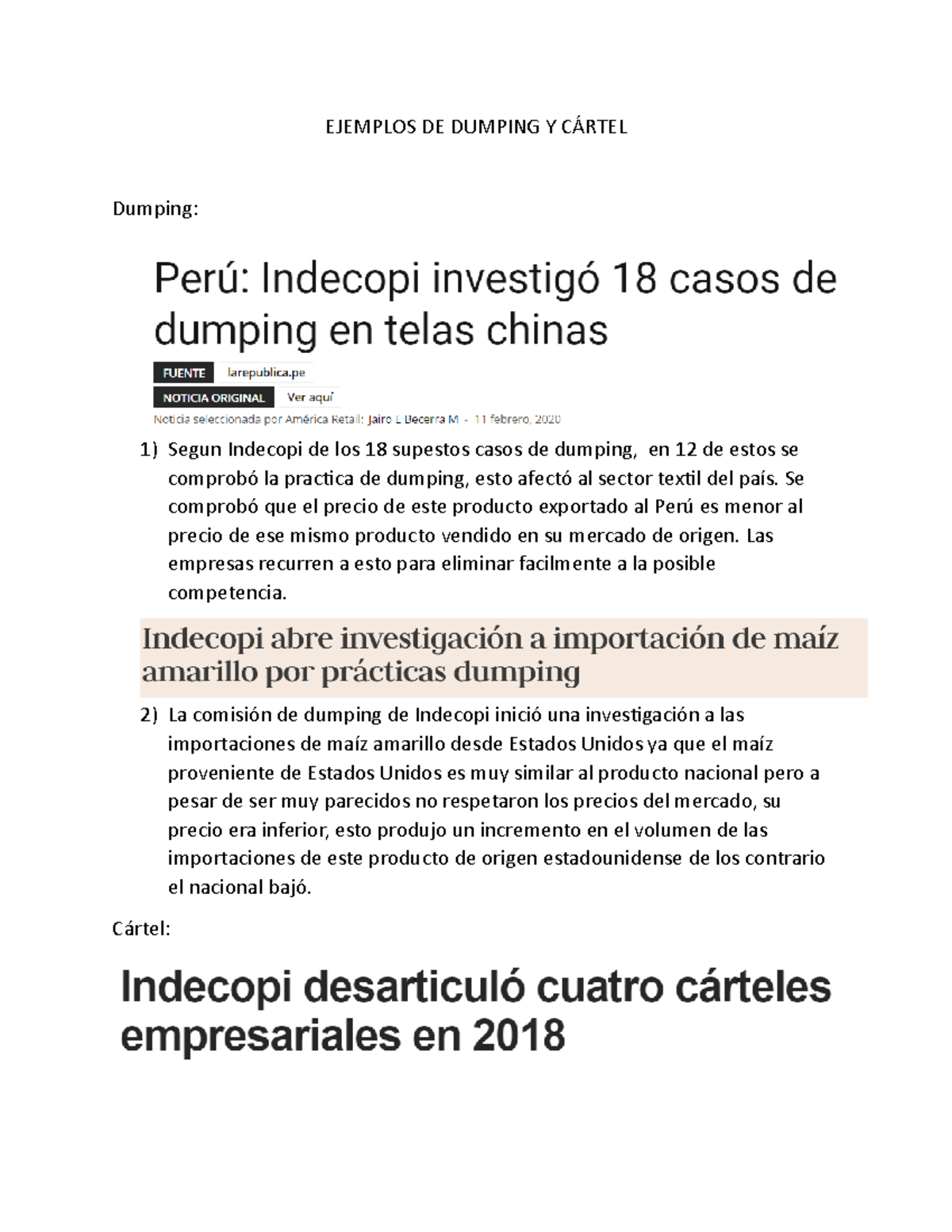 Ejemplos DE Dumping Y Cártel - EJEMPLOS DE DUMPING Y CÁRTEL Dumping: Segun Indecopi de los 18 ...