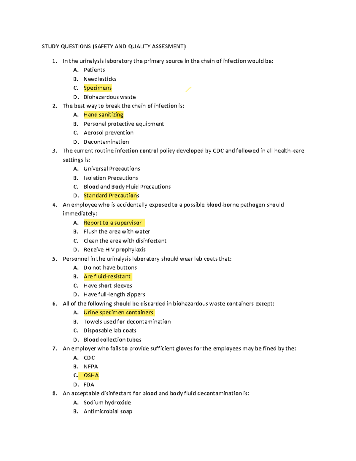 AUBF EXAM Study QUES - reviewer aubf - STUDY QUESTIONS (SAFETY AND ...