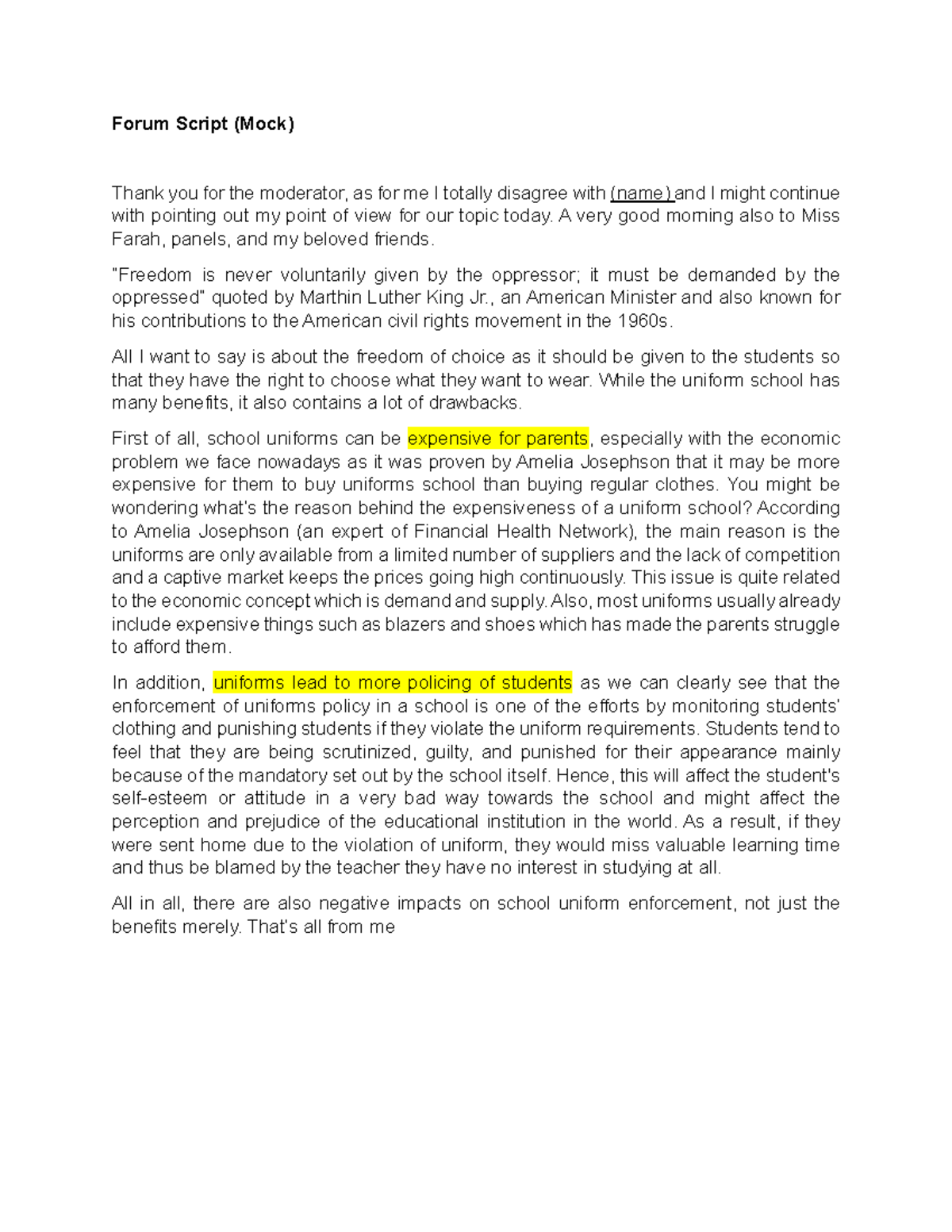 Forum Script ELC - Forum Script (Mock) Thank you for the moderator, as ...