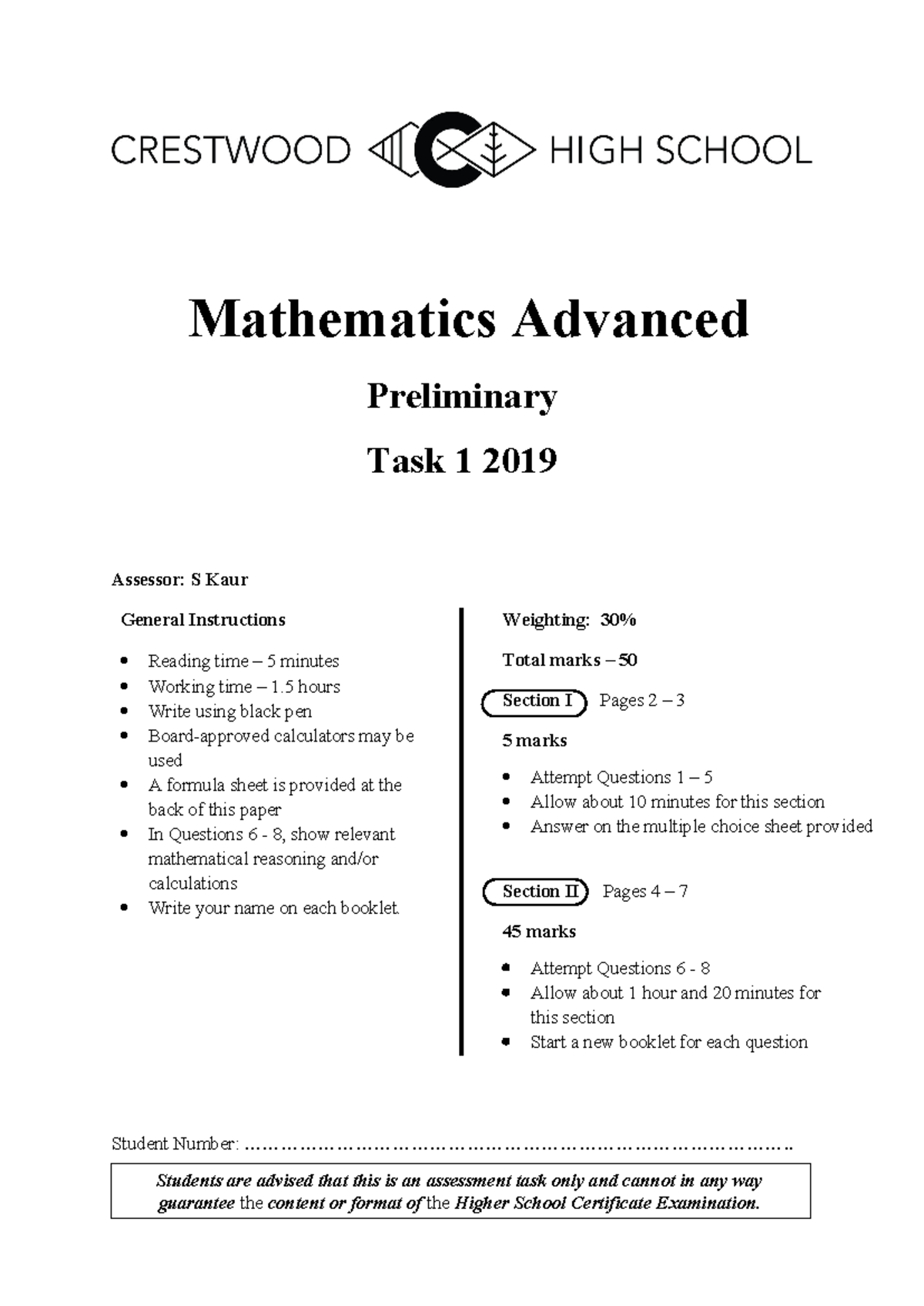 2019 Maths Advanced Task 1 SK - Mathematics Advanced Preliminary Task 1 2019 Assessor: S Kaur ...