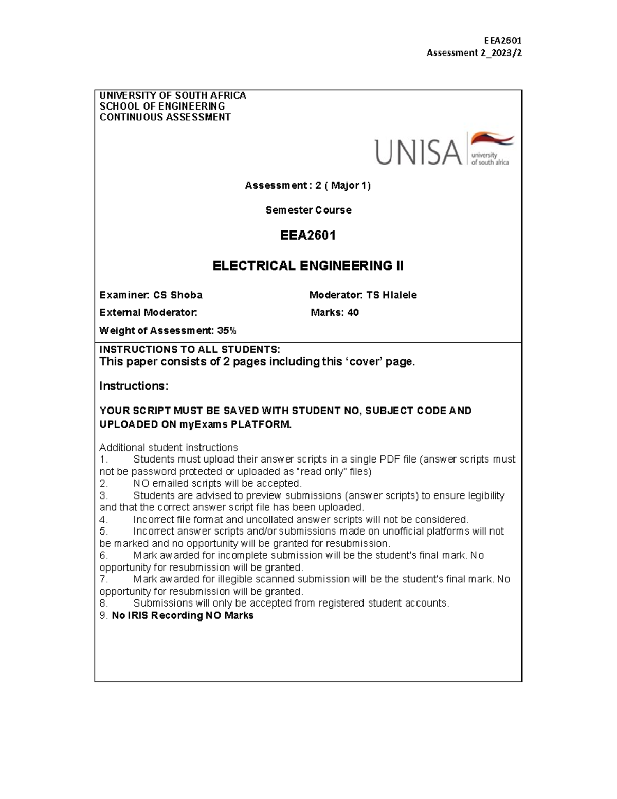 EEA2601 2023S2 Major Test 1 QP - EEA Assessment 2_2023/ UNIVERSITY OF ...