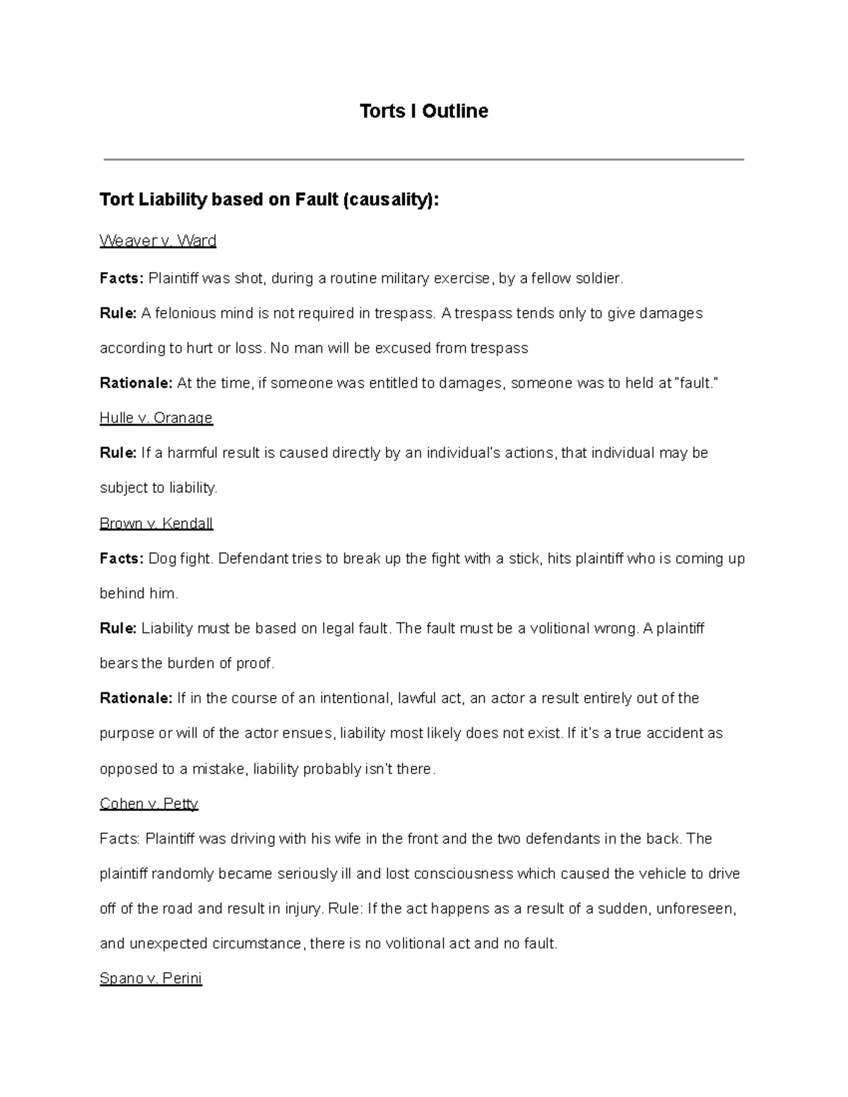 Torts I Outline-Law-511 - Torts I Outline Tort Liability based on Fault ...
