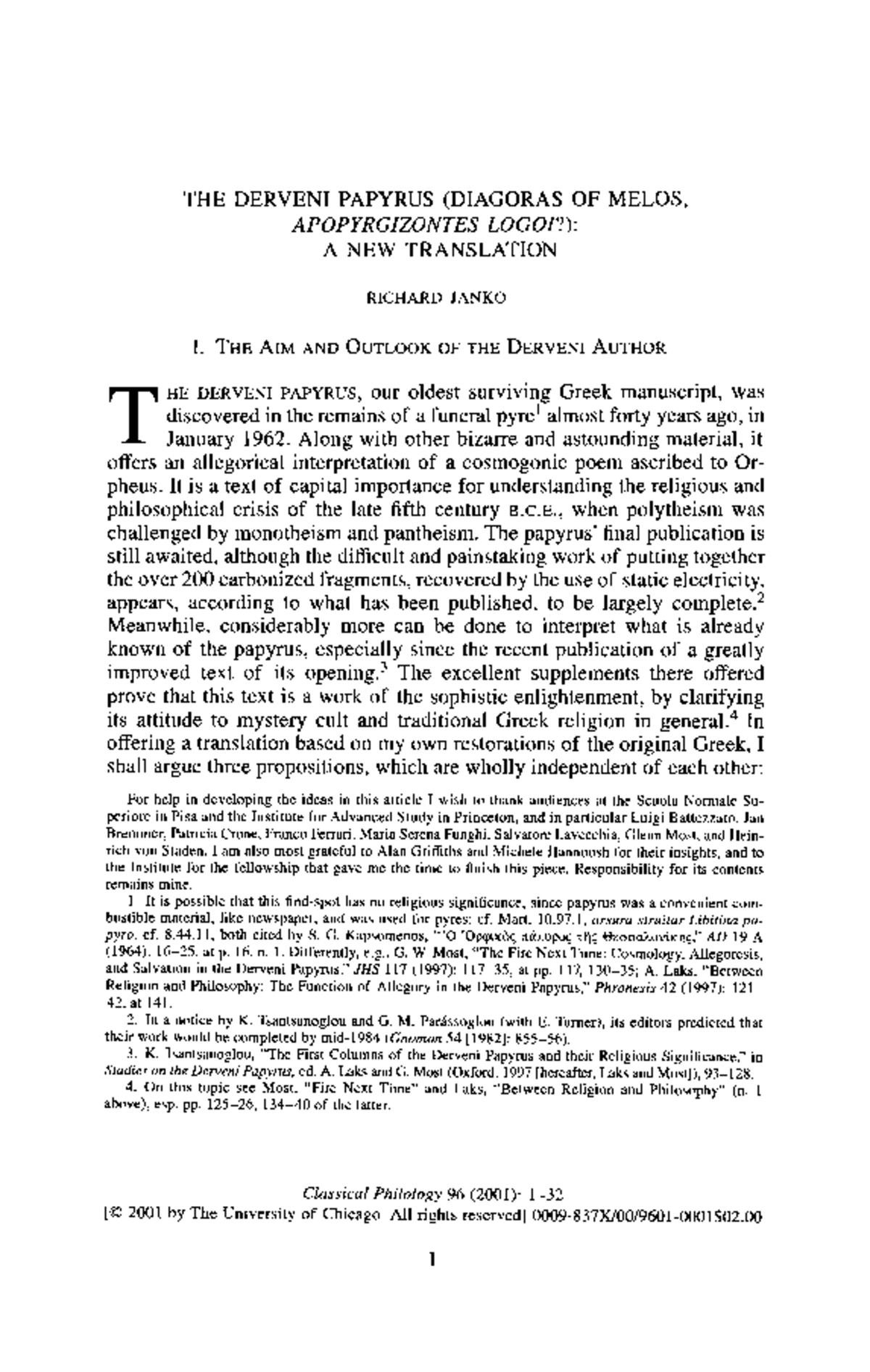 Derveni papyrus new translation - THE DERVENI PAPYRUS (DIAGORAS OF ...