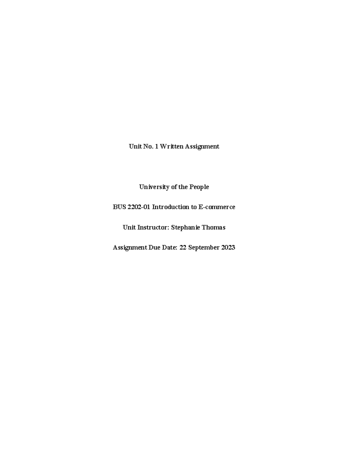 Written Assignment Unit 1 Unit No 1 Written Assignment University Of The People Bus 2202 01