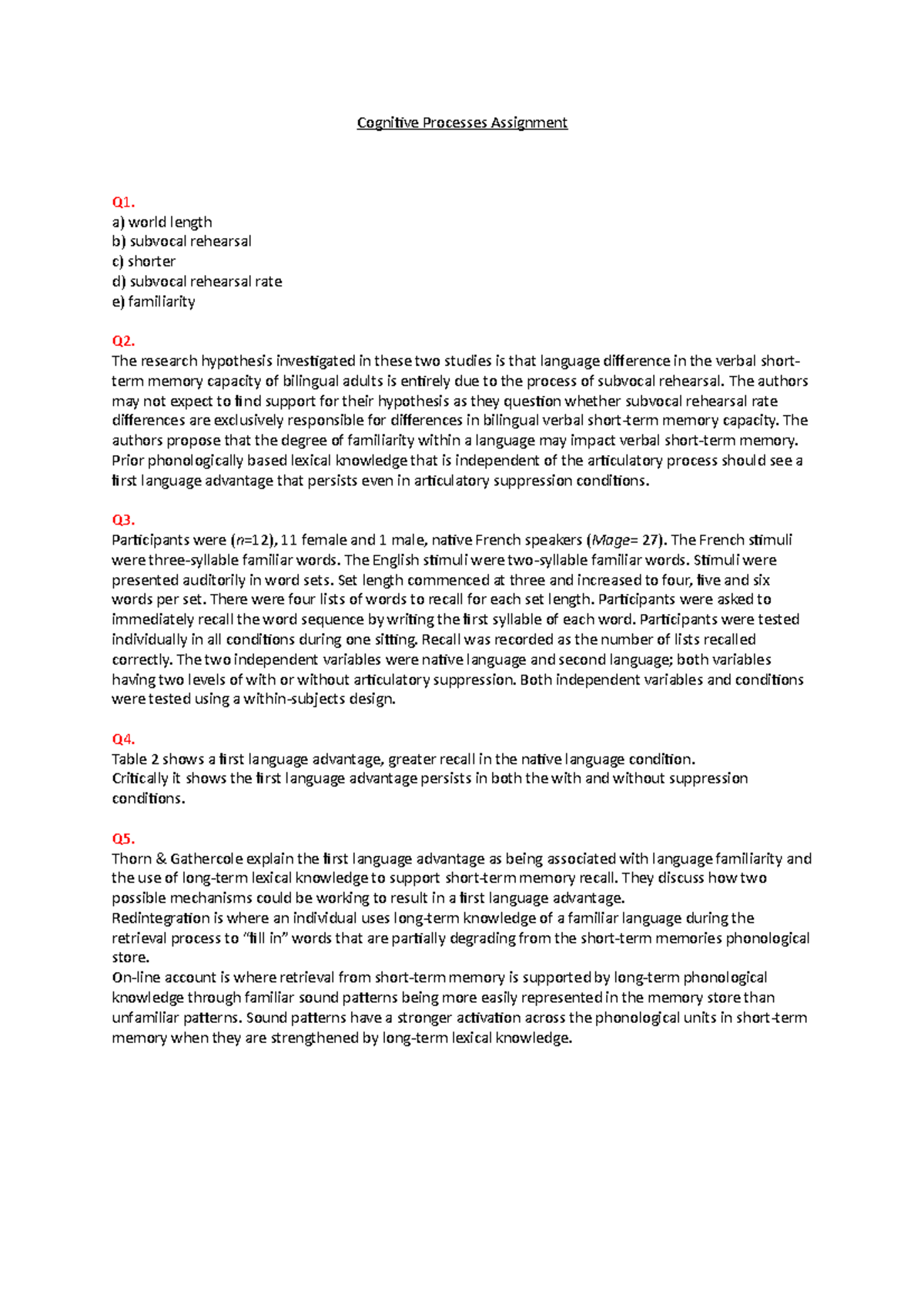 Cognitive Processes - assignment - Cognitive Processes Assignment Q1. a ...