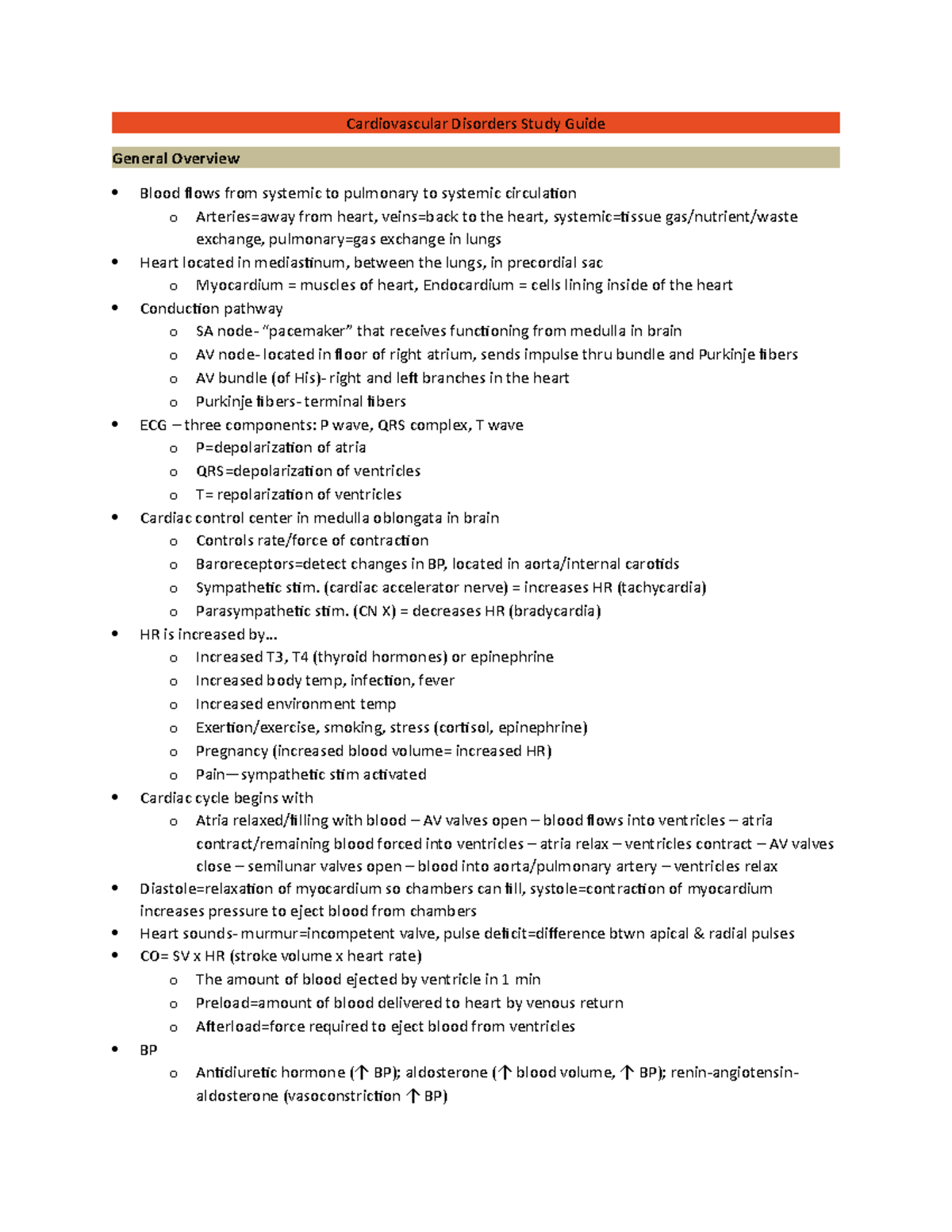 Cardiovascular disorders study guide - Cardiovascular Disorders Study ...