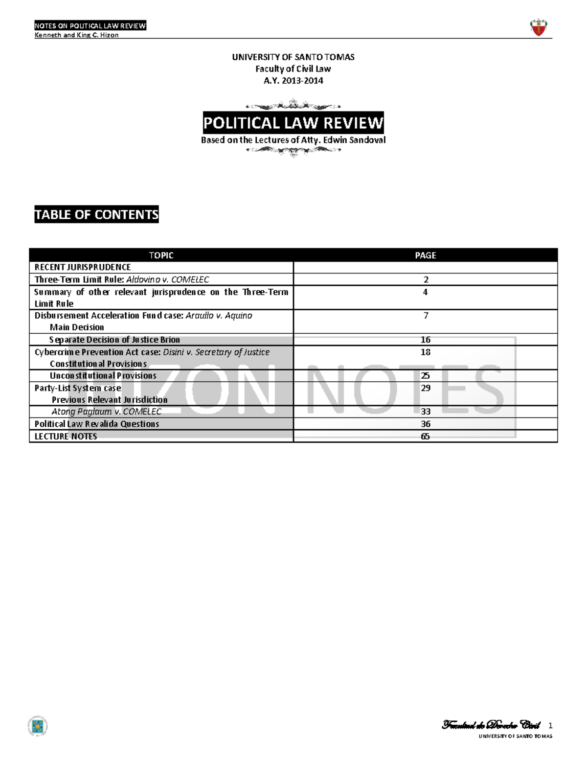 Hizon Notes - Political Law Review (Sandoval) - Kenneth and King C ...