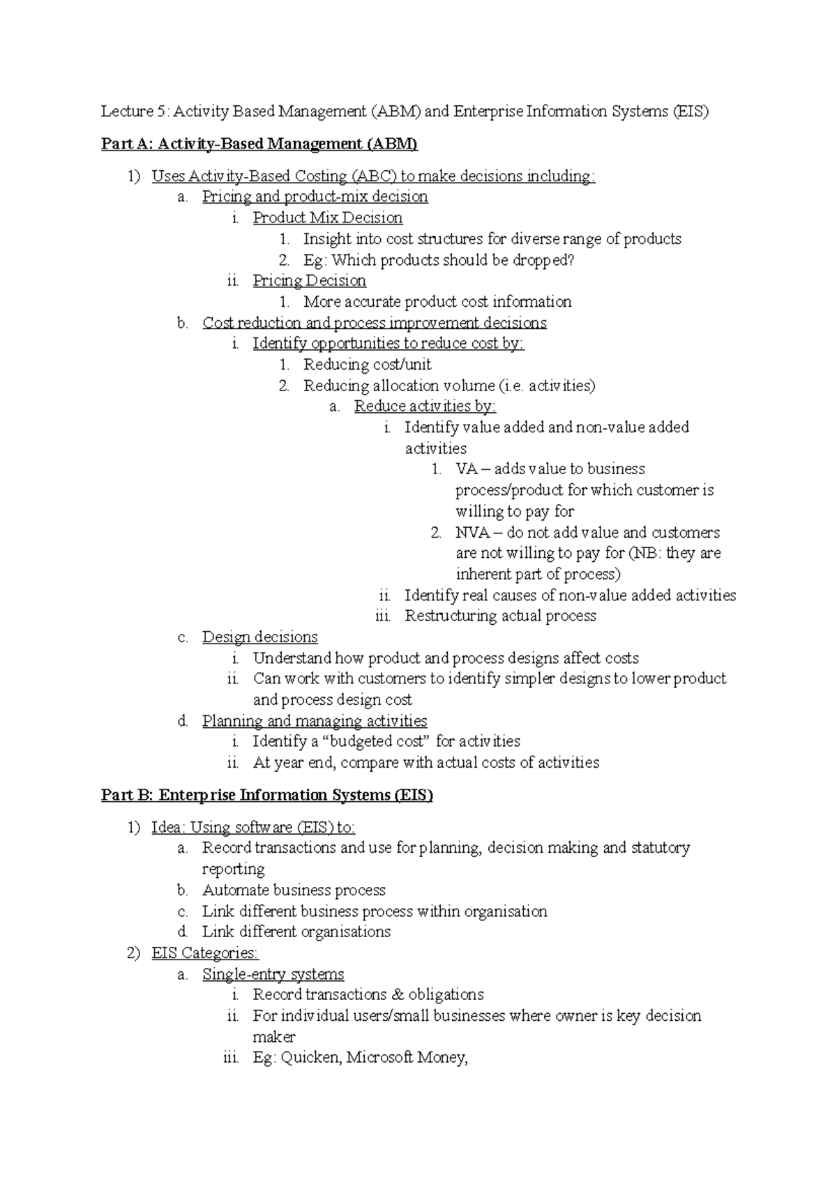 Lecture 5 Notes - ABM and EIS - Lecture 5: Activity Based Management ...