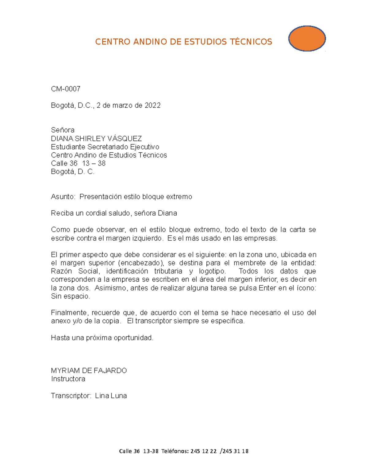 Ejemplo De Una Carta Estilo Bloque Extremo Modelo De Negocio