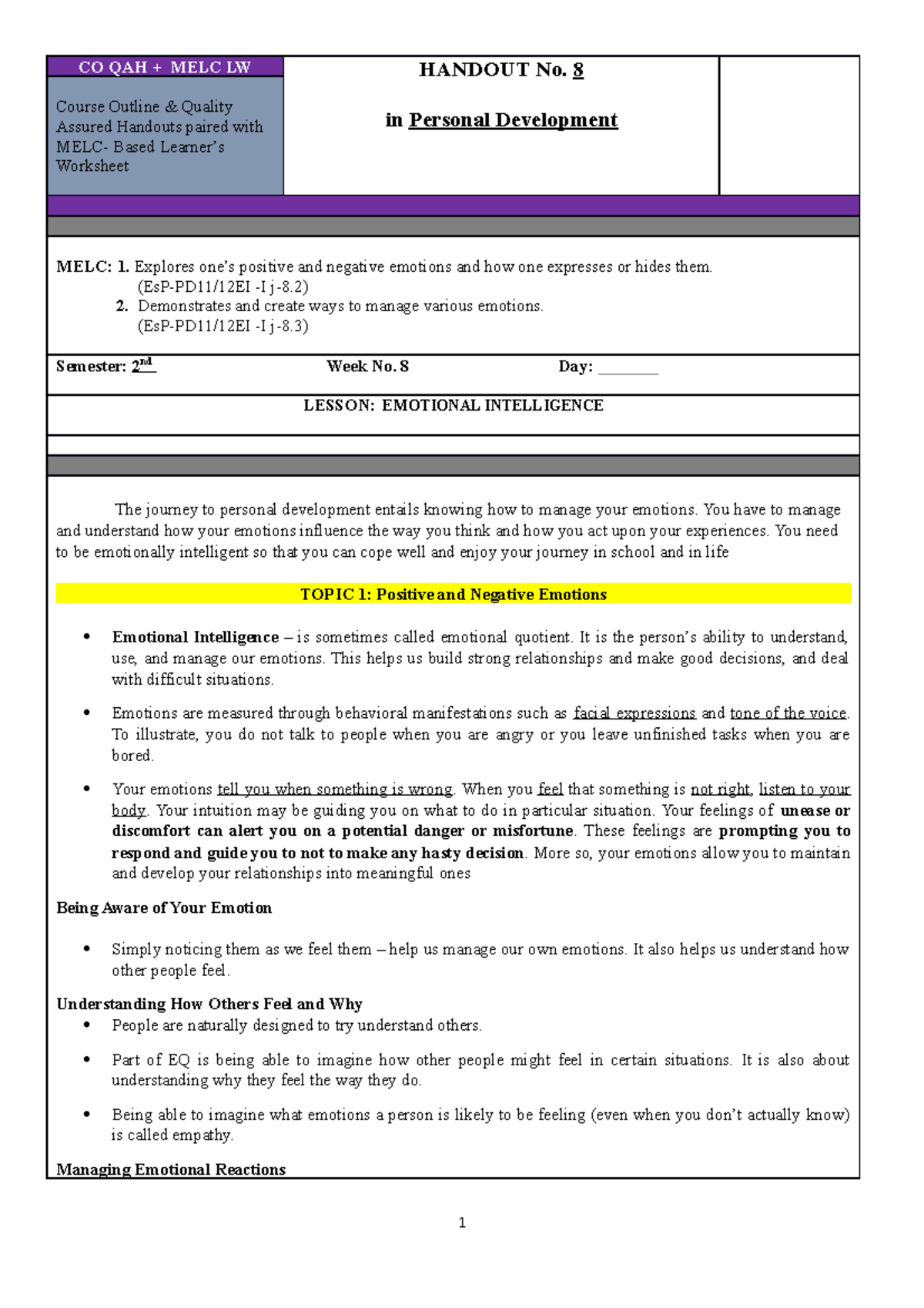 Perdev-WEEK 8-Handout - CO QAH + MELC LW HANDOUT No. 8 in Personal Development Course Outline ...