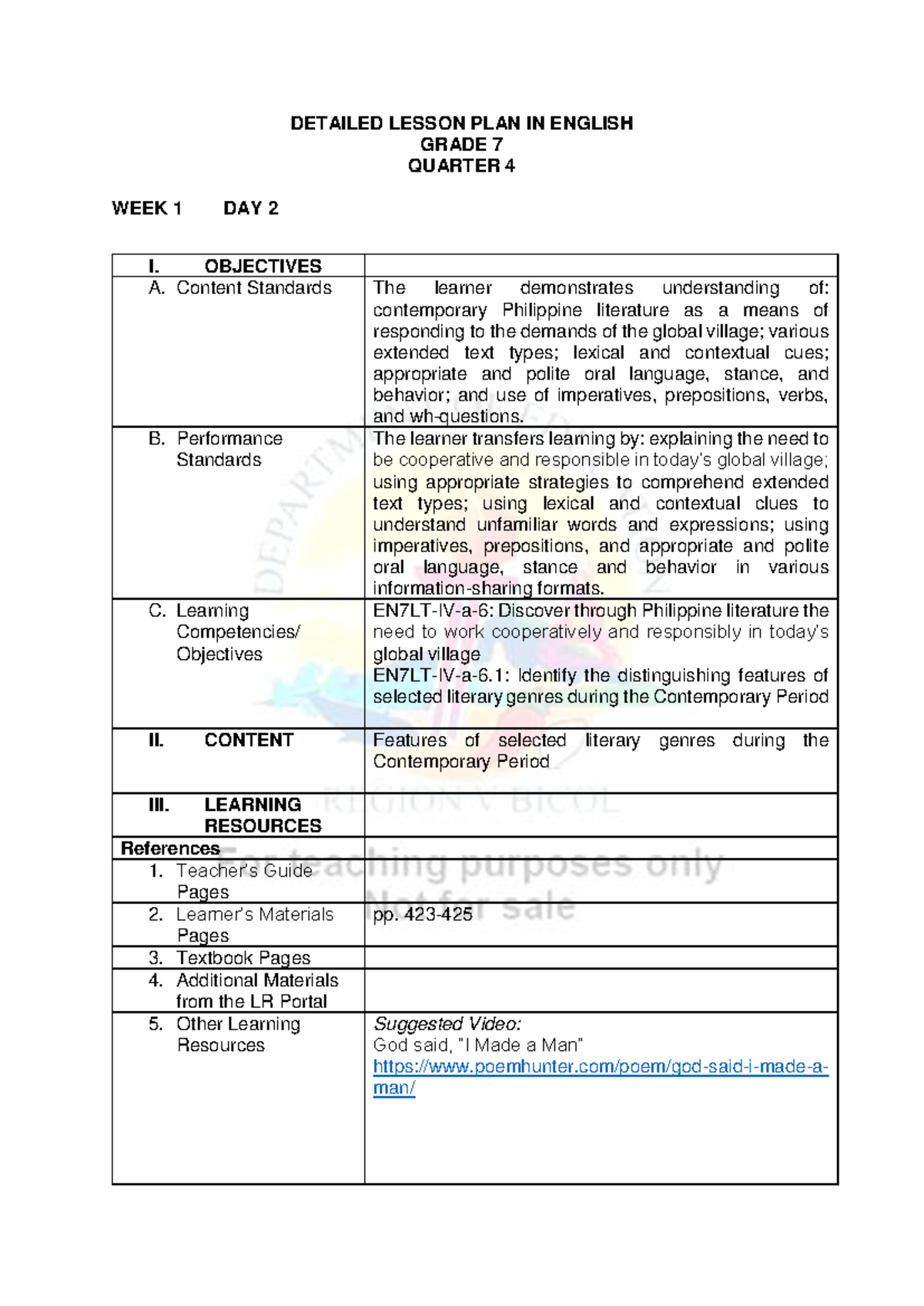 WEEK 1 - DAY 2 - Day2 - DETAILED LESSON PLAN IN ENGLISH GRADE 7 QUARTER ...
