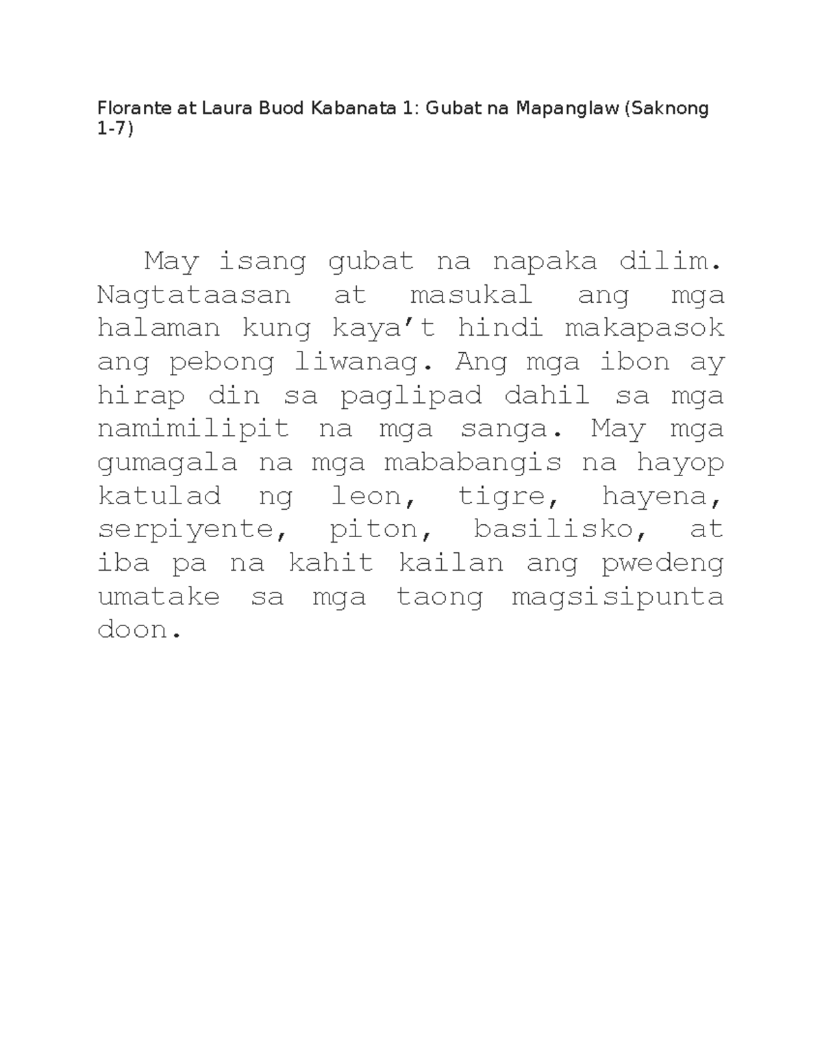 Florante-summary - Florante at Laura Buod Kabanata 1: Gubat na ...