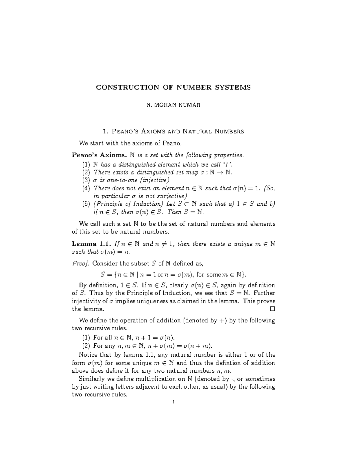 Peano - //// - CONSTRUCTION OF NUMBER SYSTEMS N. MOHAN KUMAR Peano’s ...