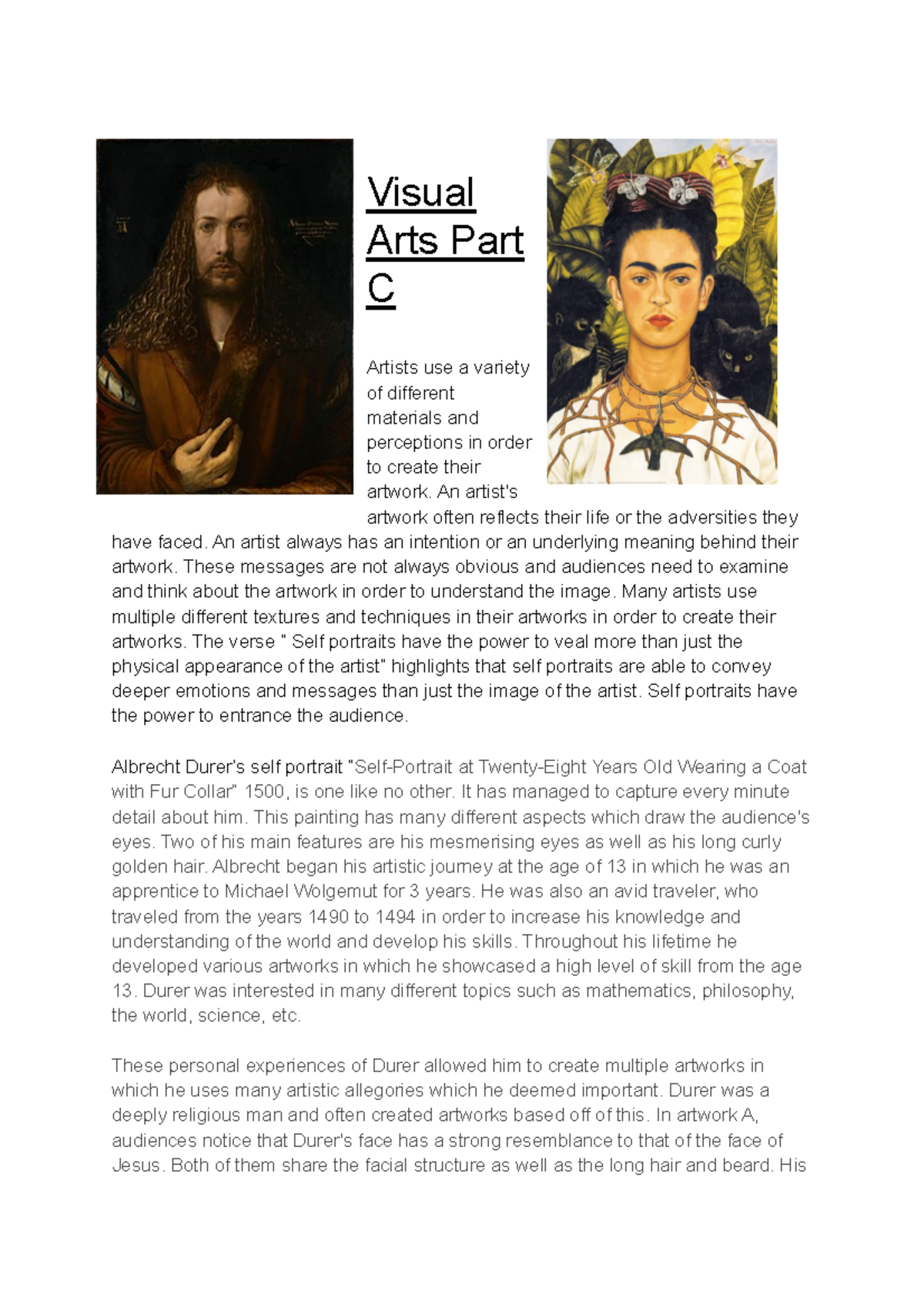 Visual Arts assessment - Visual Arts Part C Artists use a variety of ...