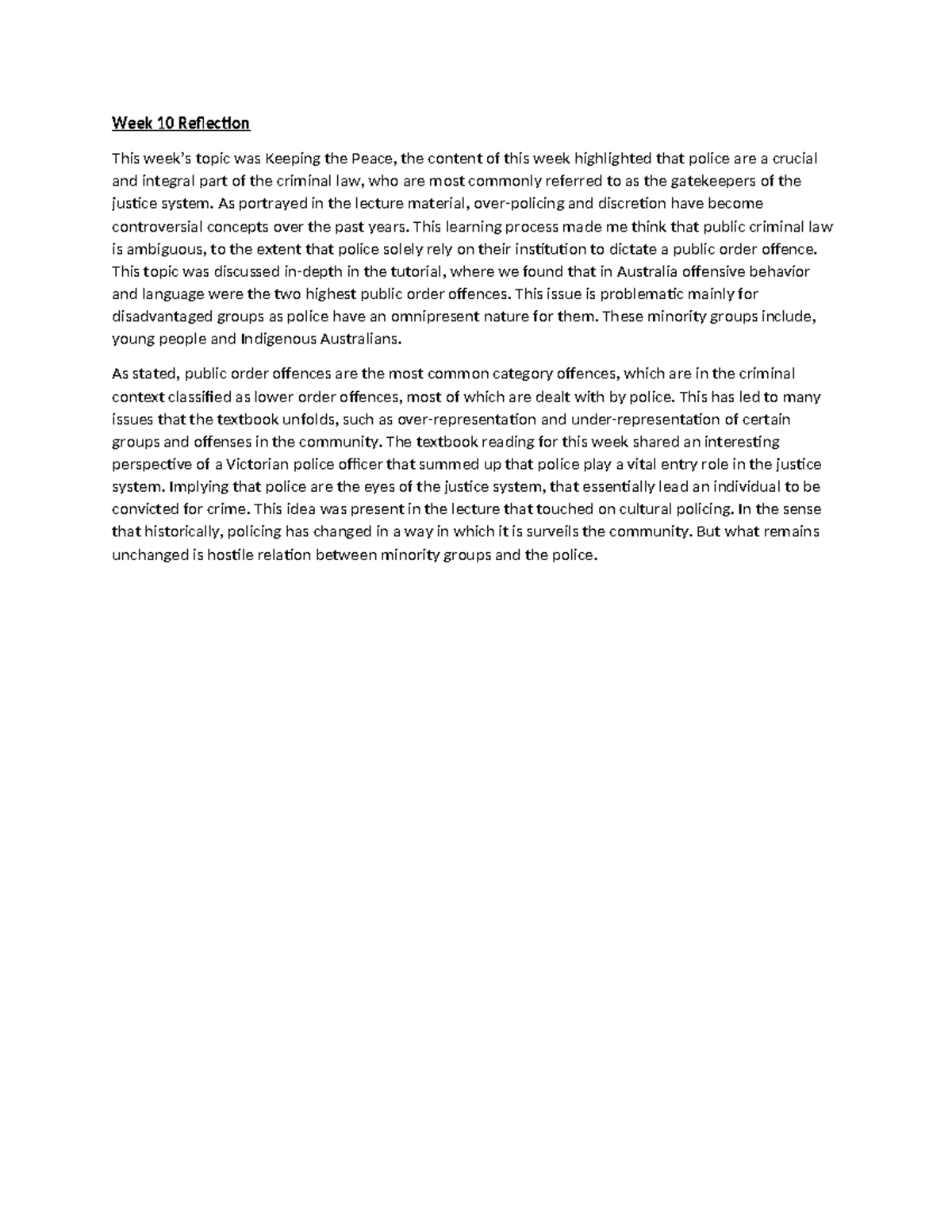 Week 9 Reflection- Jasleen Singh - Week 10 Reflection This week’s topic was Keeping the Peace ...