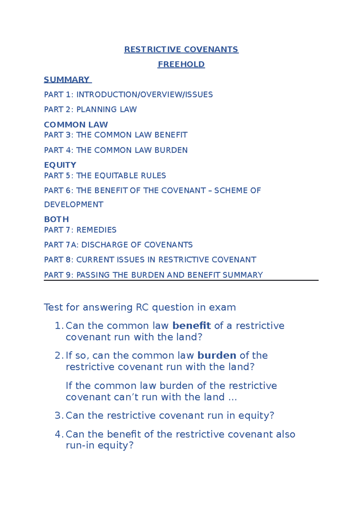 Restrictive Covenants - RESTRICTIVE COVENANTS FREEHOLD SUMMARY PART 1 ...