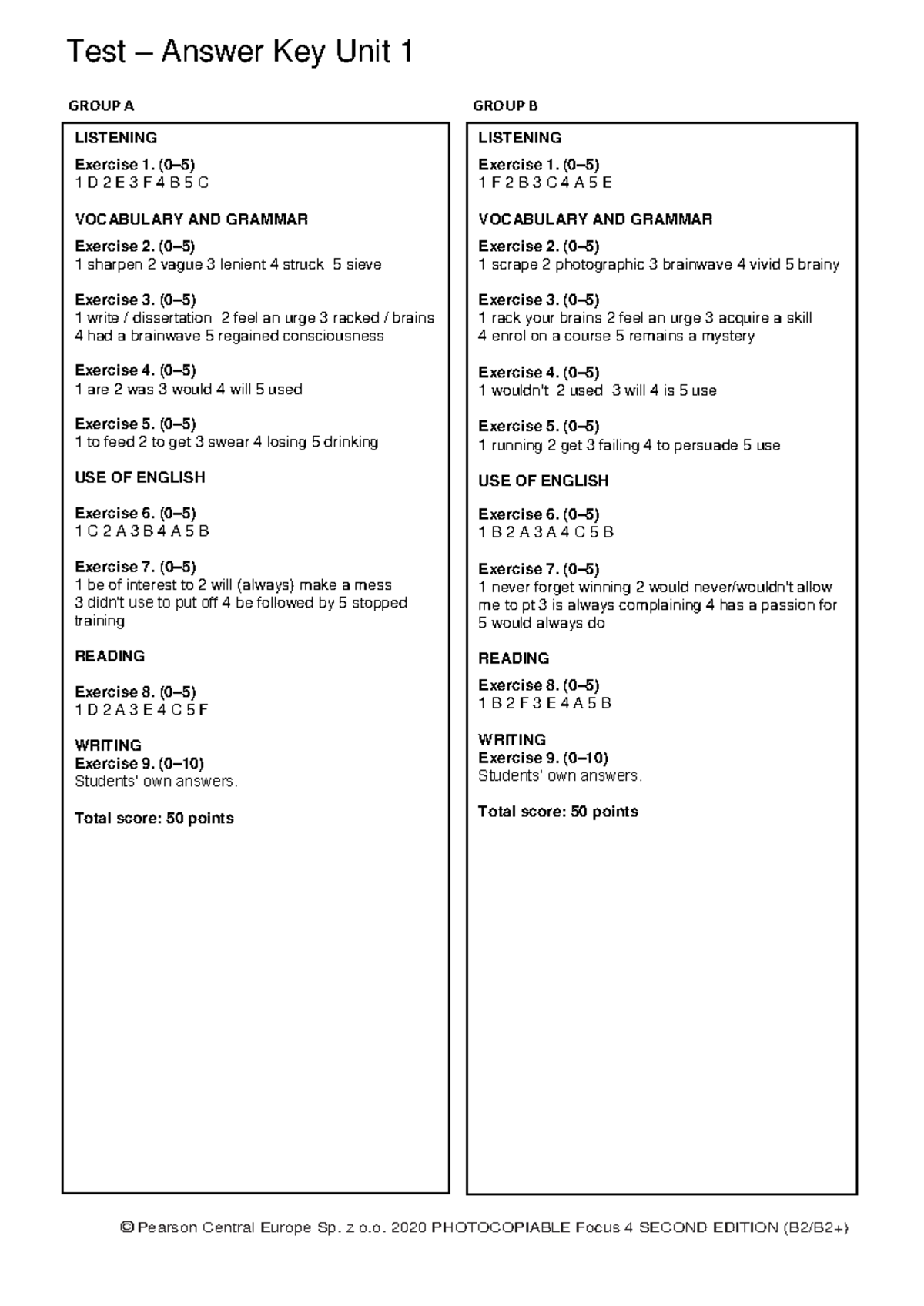 Focus 4 2E Test Unit1 Answers - Test – Answer Key Unit 1 © Pearson ...